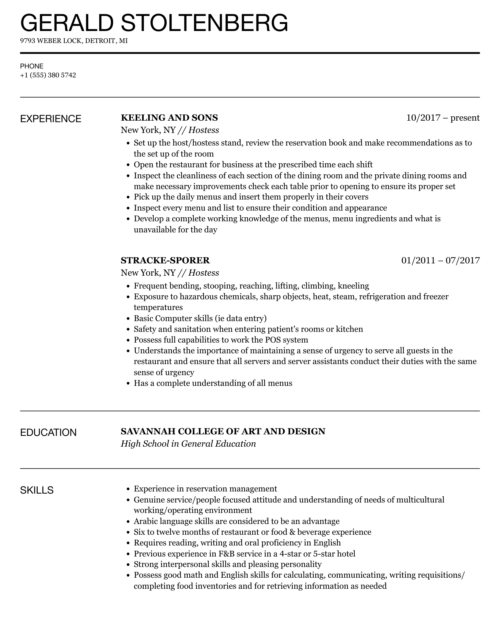 Hostess Resume Sample