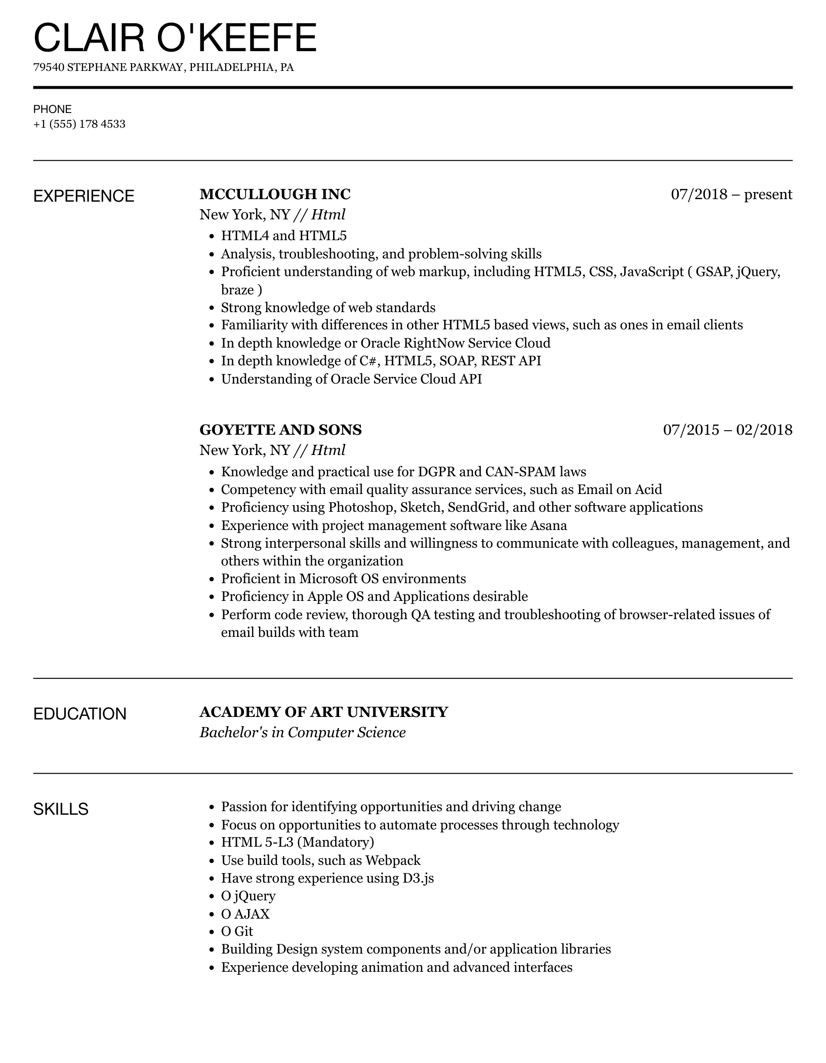 HTML Resume Sample