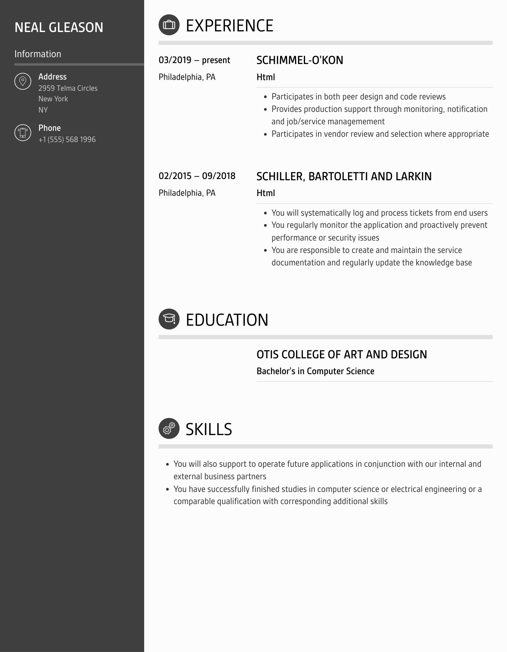 Html Resume Samples Velvet Jobs