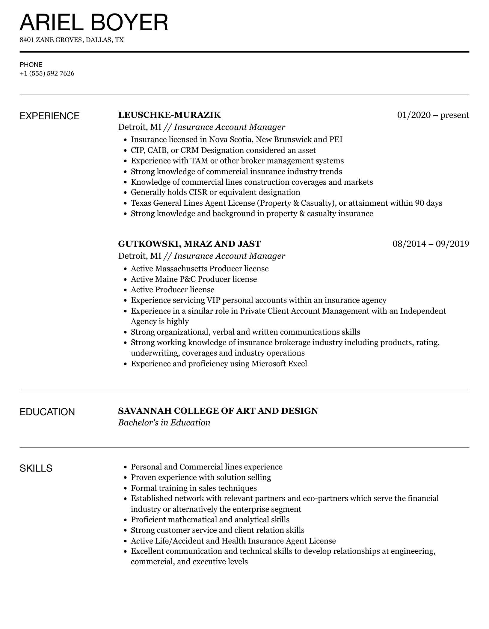 Insurance Account Manager Resume Samples Velvet Jobs