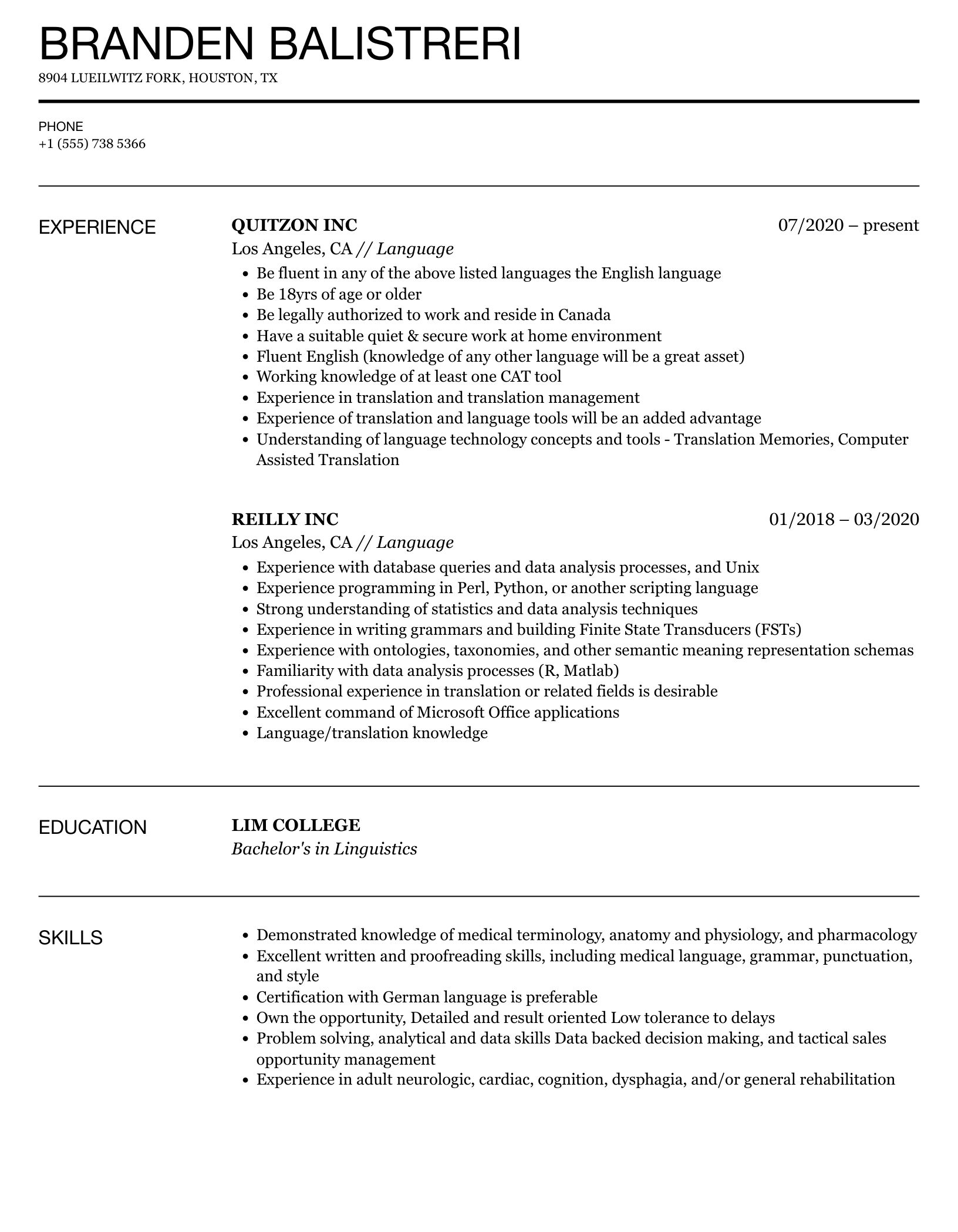 Language Proficiency Resume