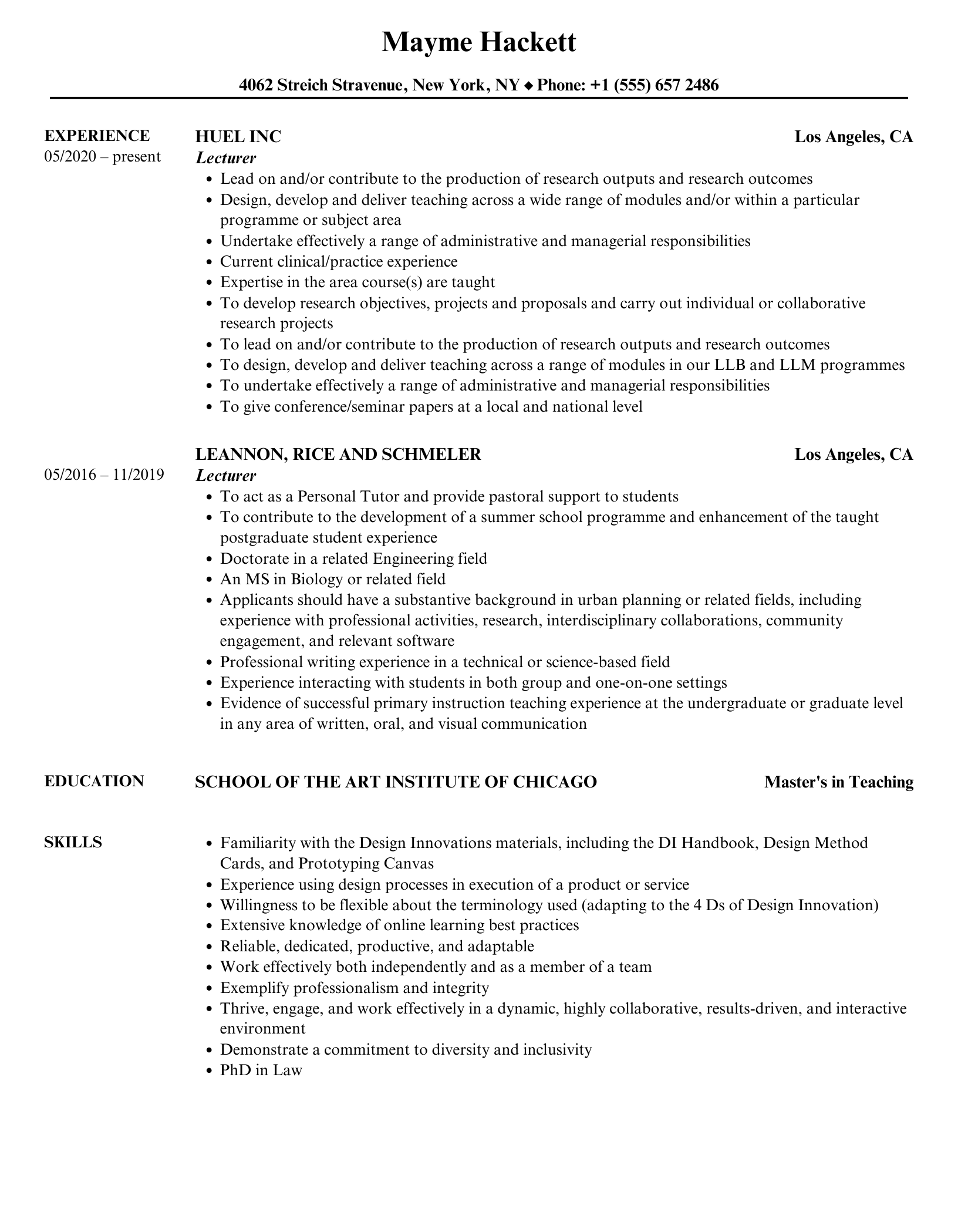 Lecturer Resume Samples Velvet Jobs