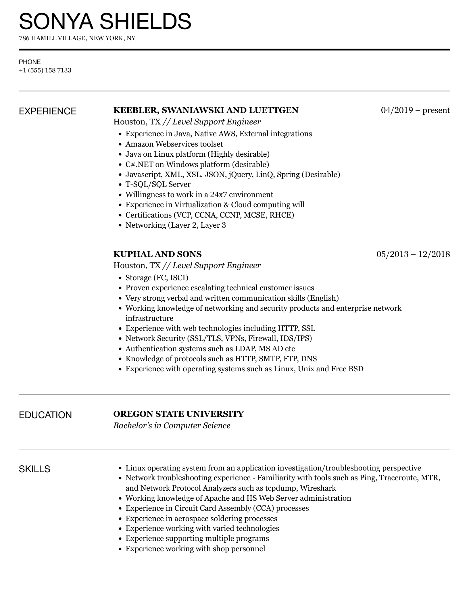 Level Support Engineer Resume Samples Velvet Jobs