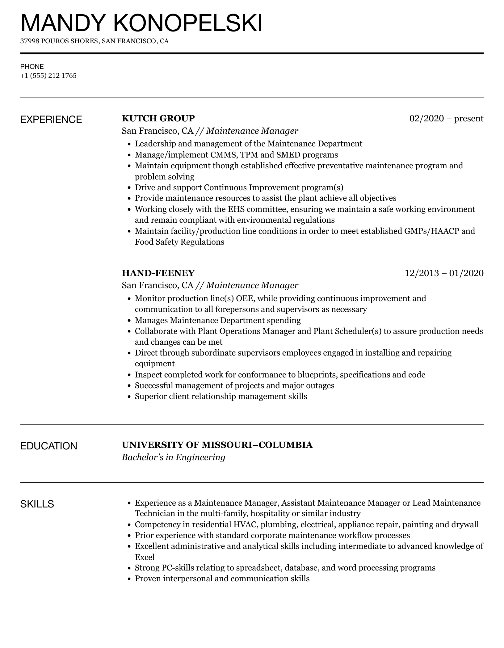 Maintenance Manager Resume Template Prntbl concejomunicipaldechinu gov co