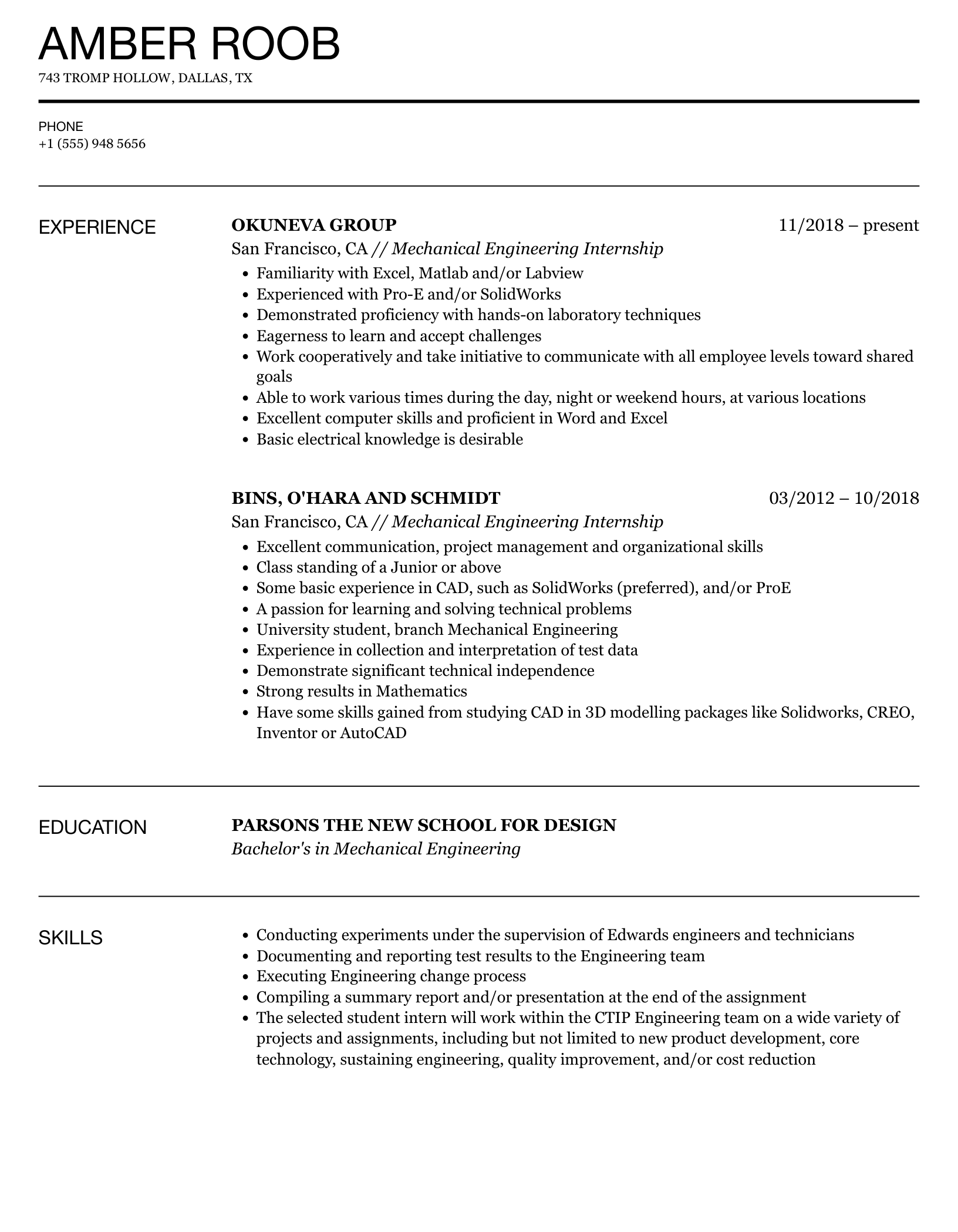 Mechanical Engineering Internship Resume