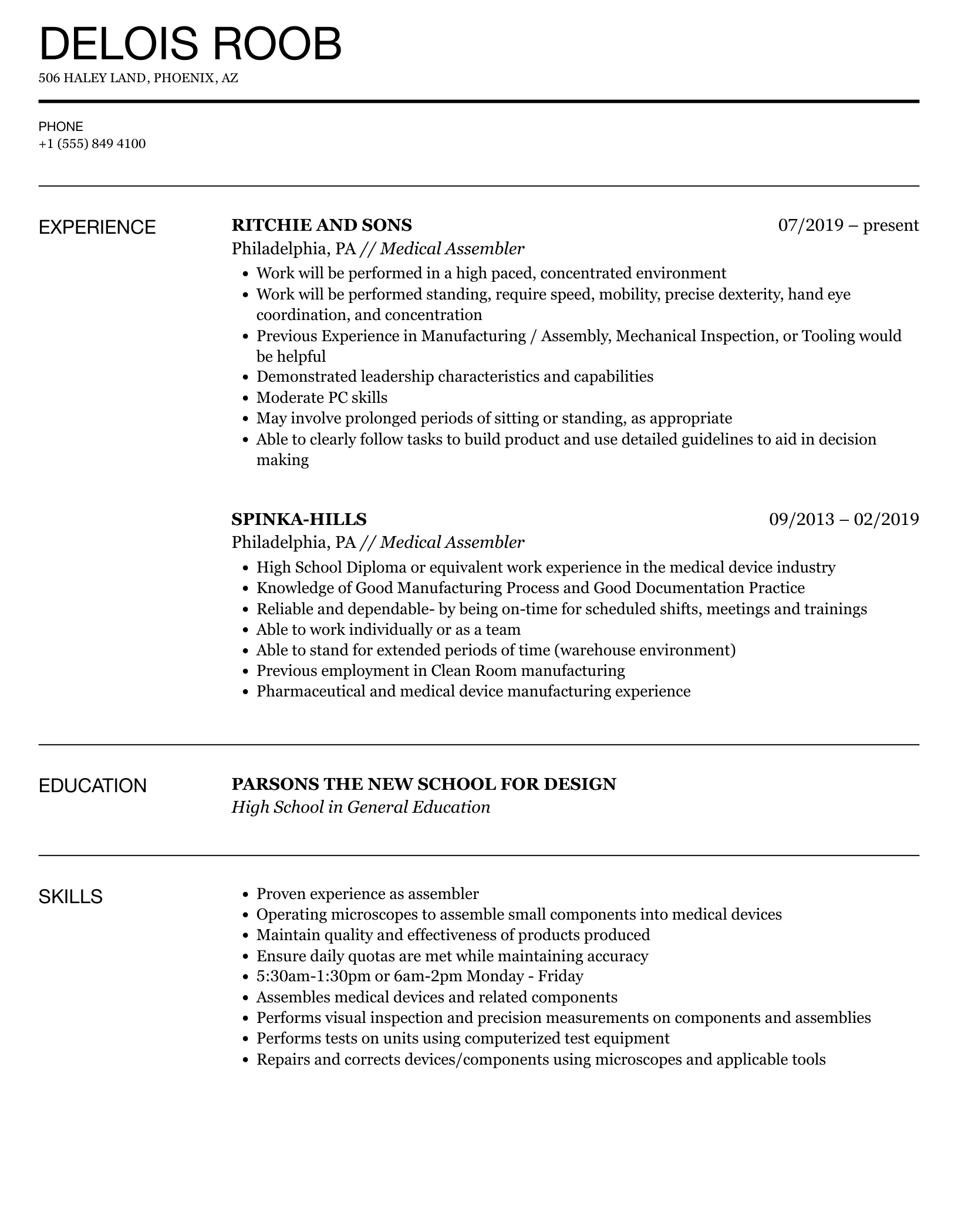 Medical Assembly Resume Sample