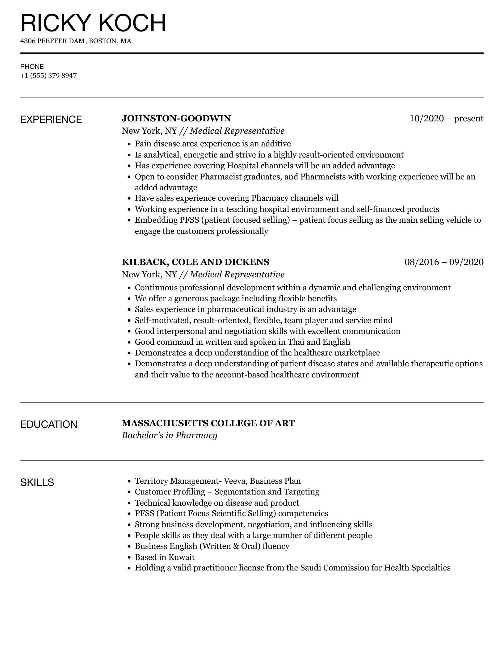 Medical Representative Resume