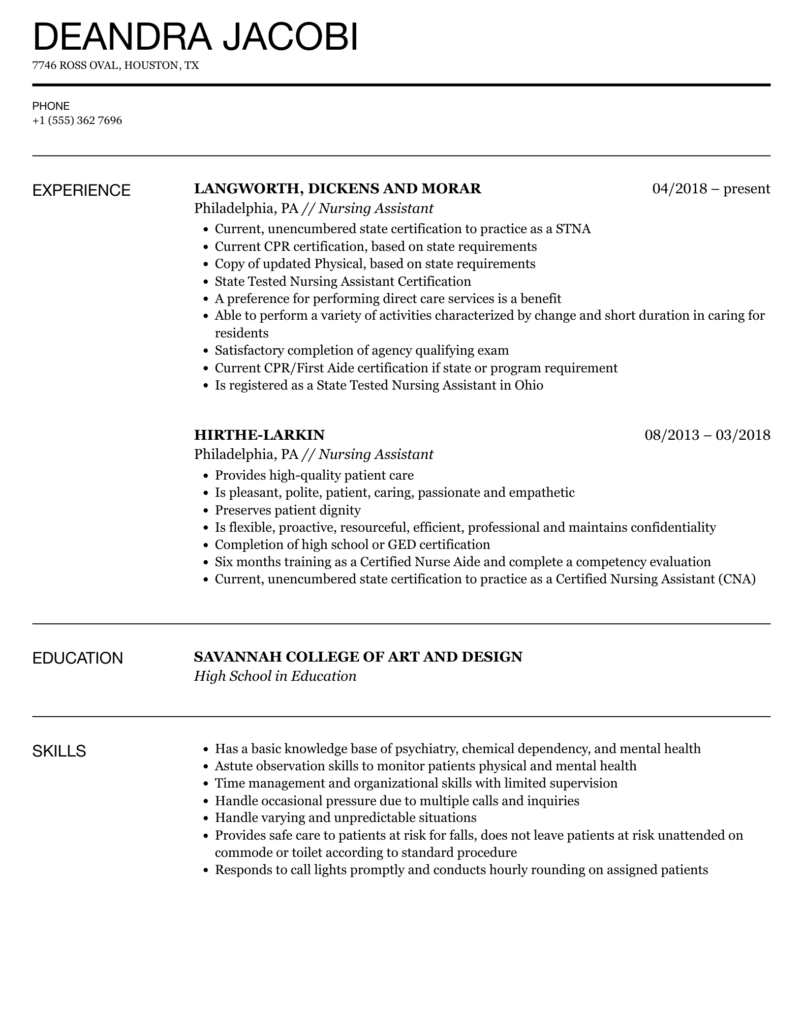 Nurse Aide Duties Resume