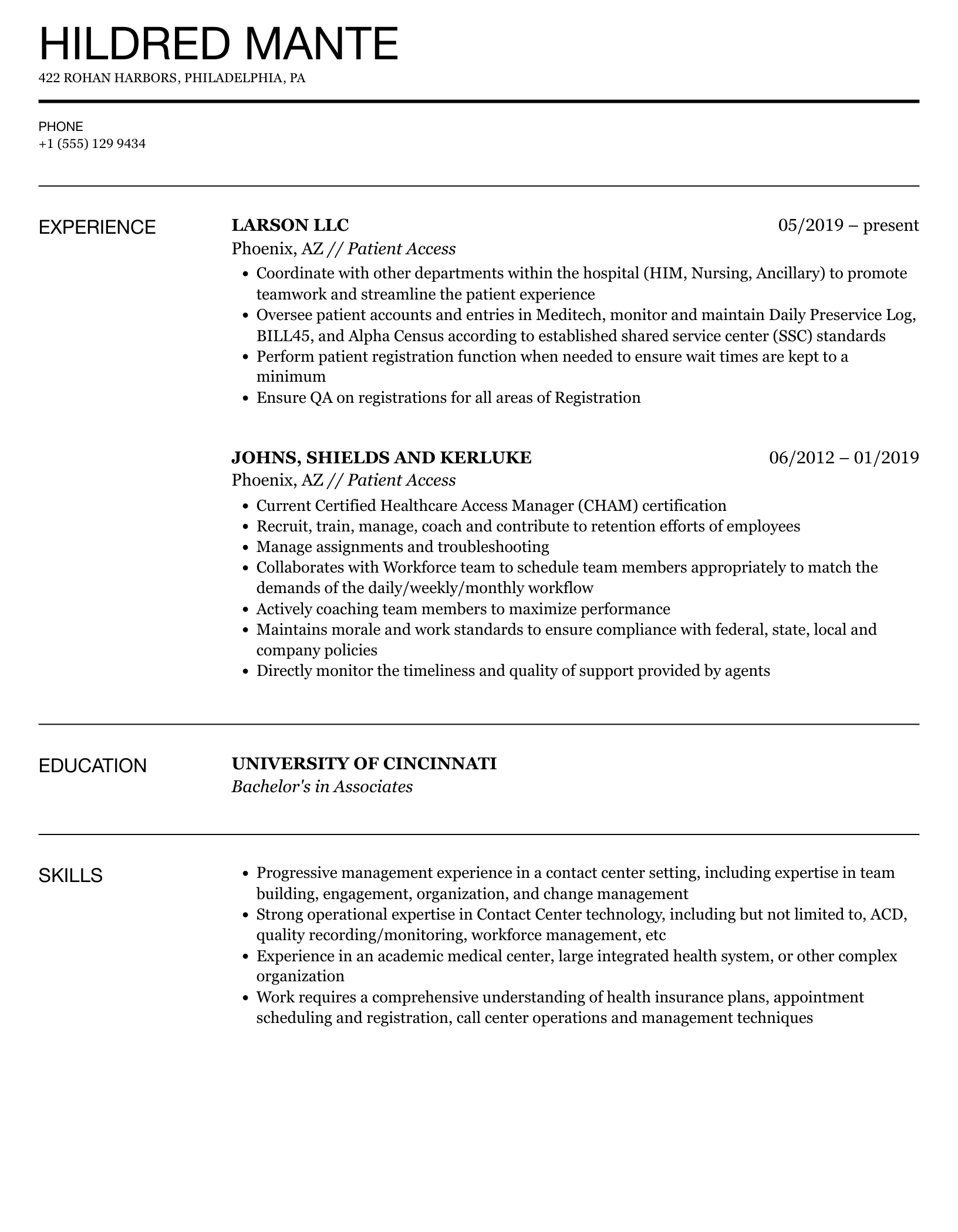 Patient Access Resume Outgoingwillow