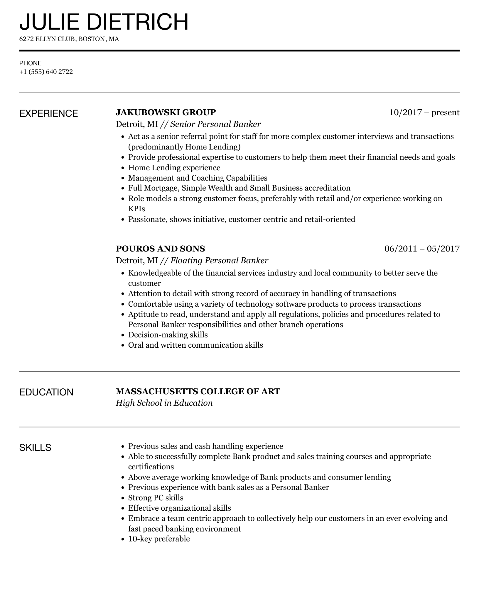 Personal Banker Job Description For Resume