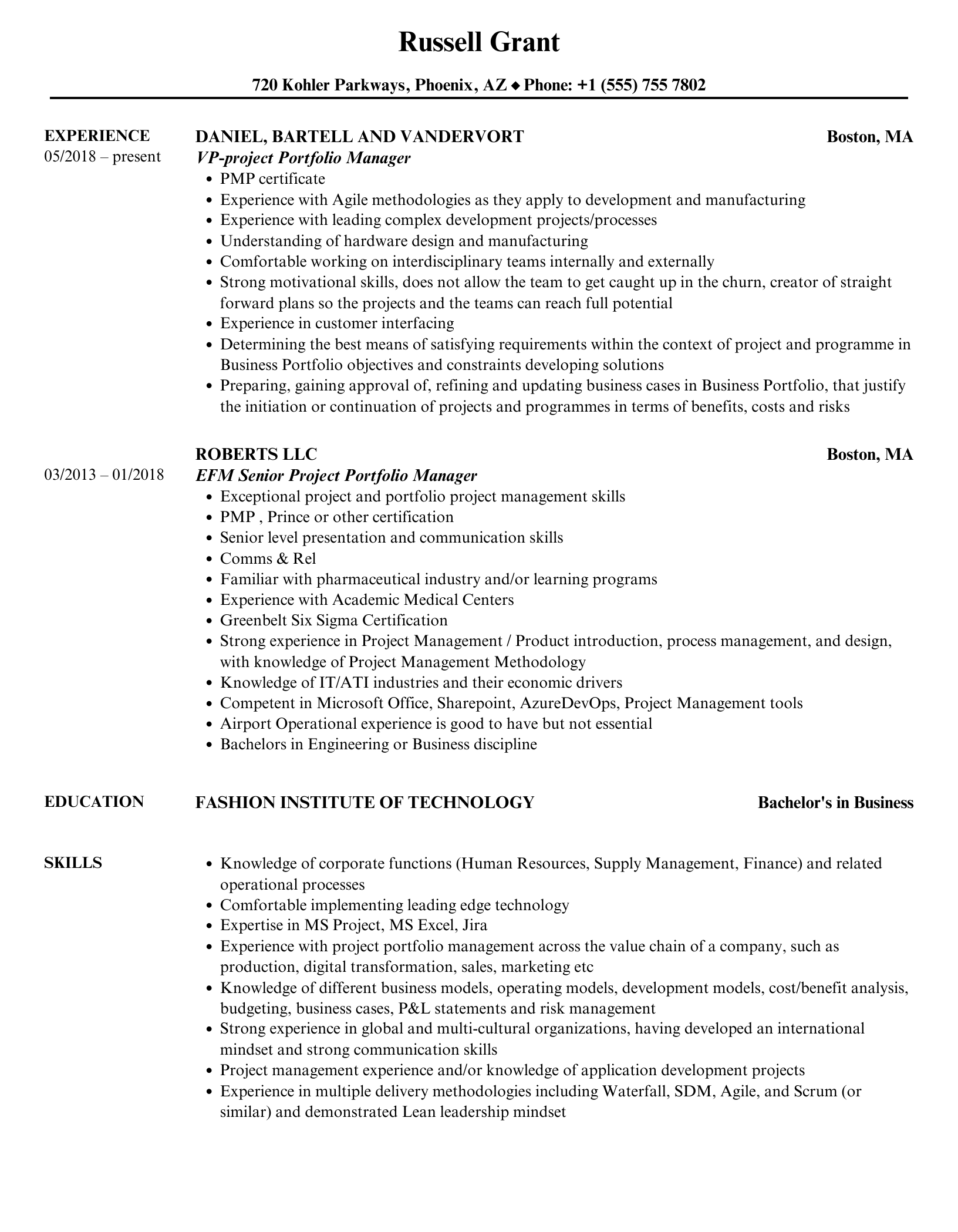 Project Portfolio Manager Resume Samples Velvet Jobs