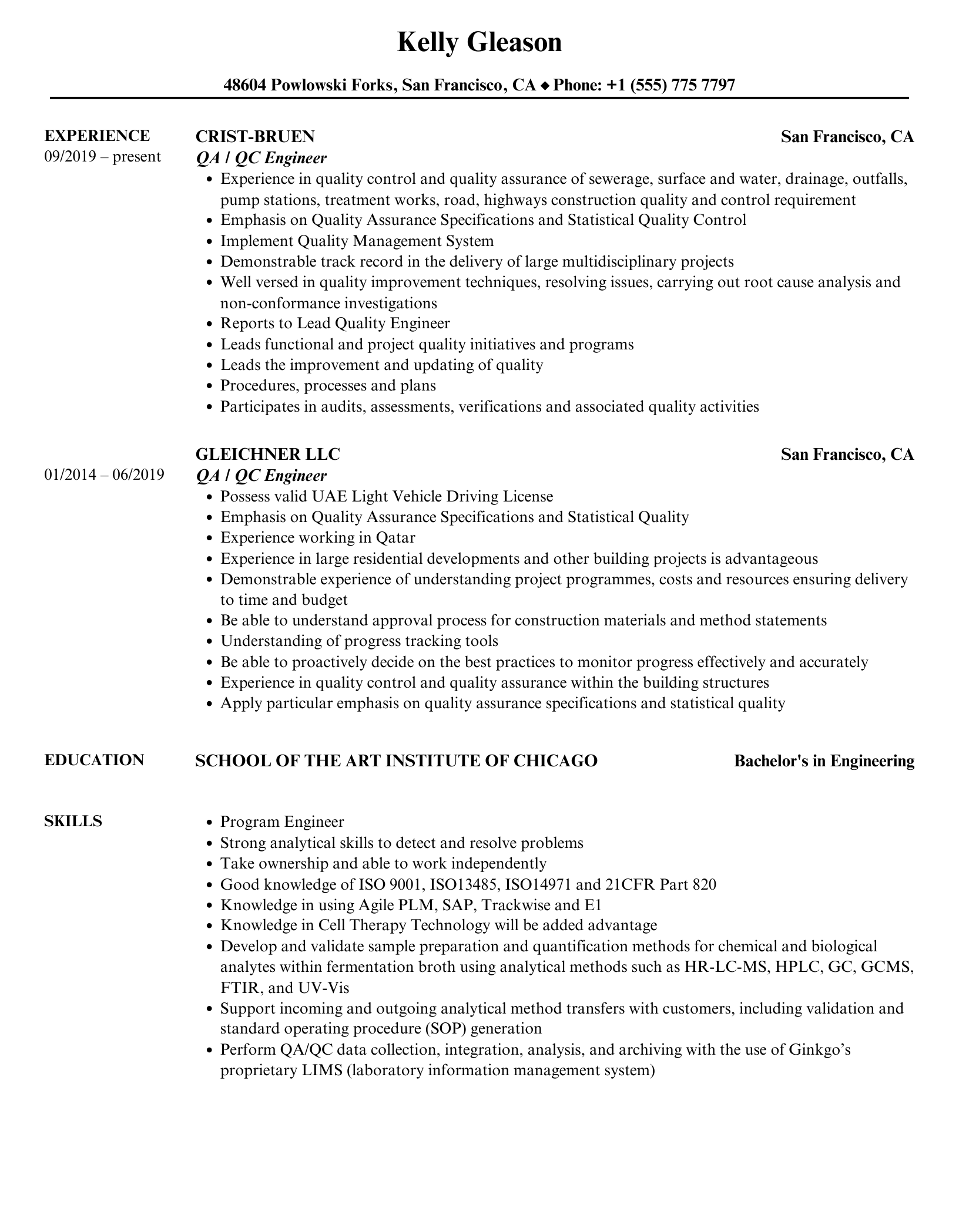 Qa Qc Manager Resume Sample Louiesportsmouth Com Vrogue co
