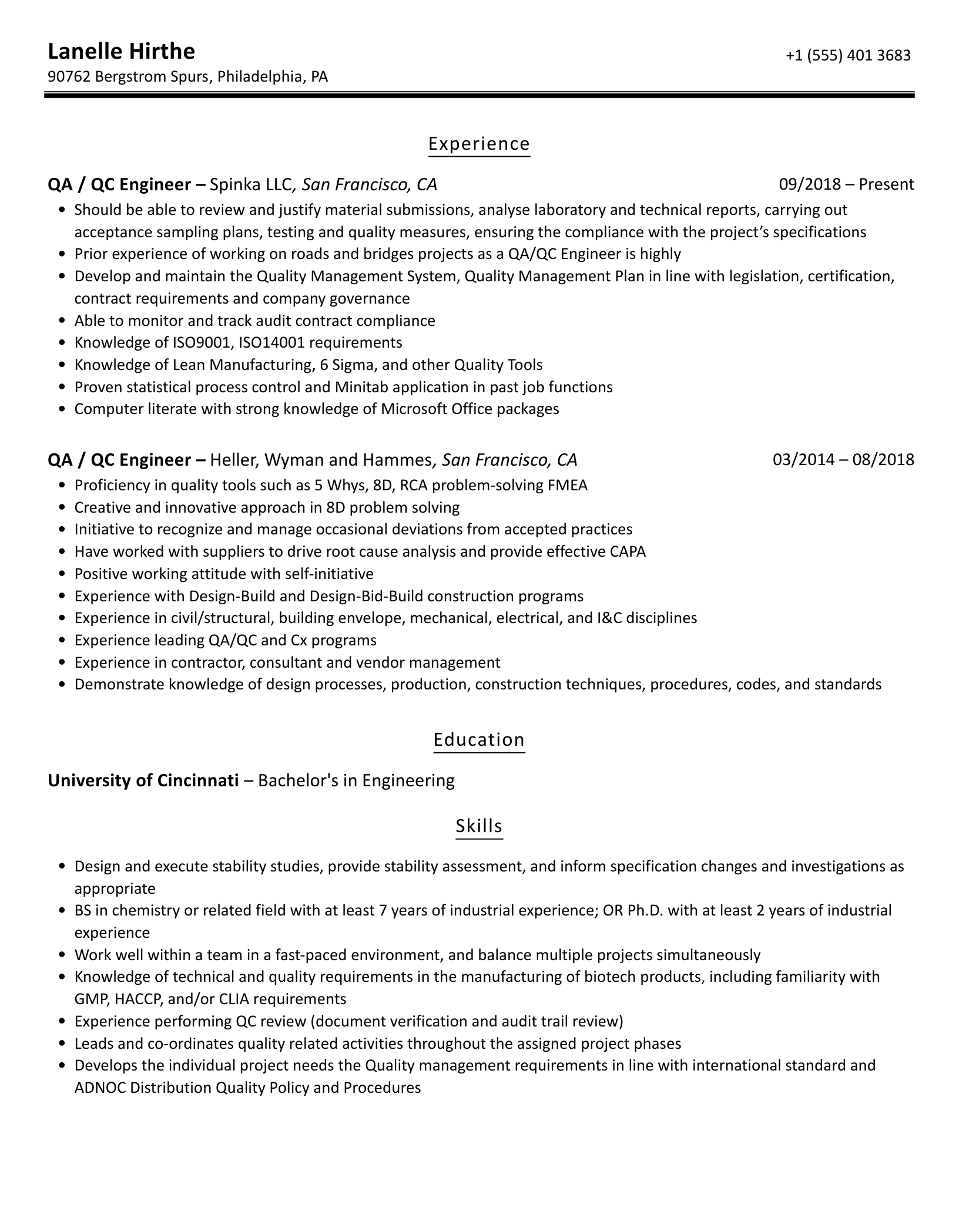 QA QC Engineer Resume Samples Velvet Jobs