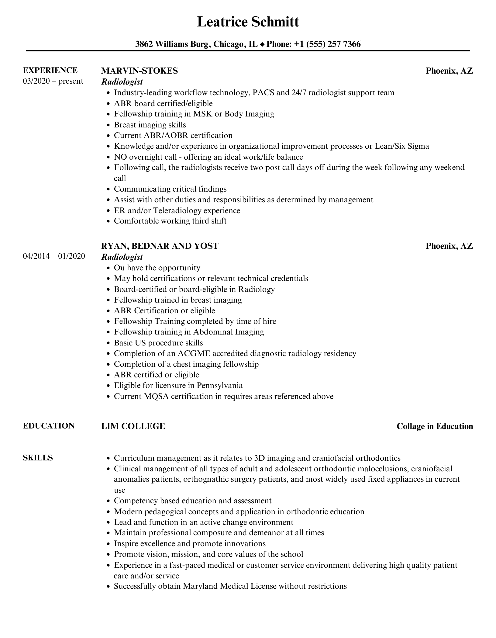 Radiologist Resume Samples Velvet Jobs