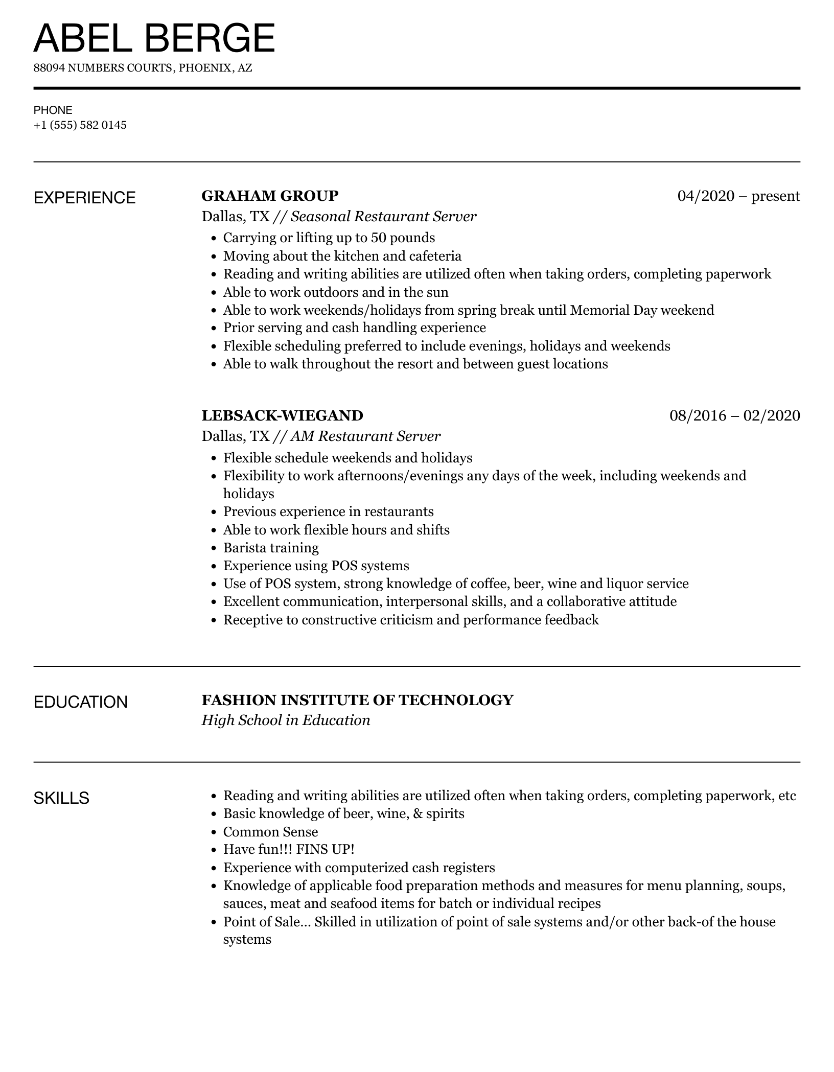 Restaurant Server Resume Template