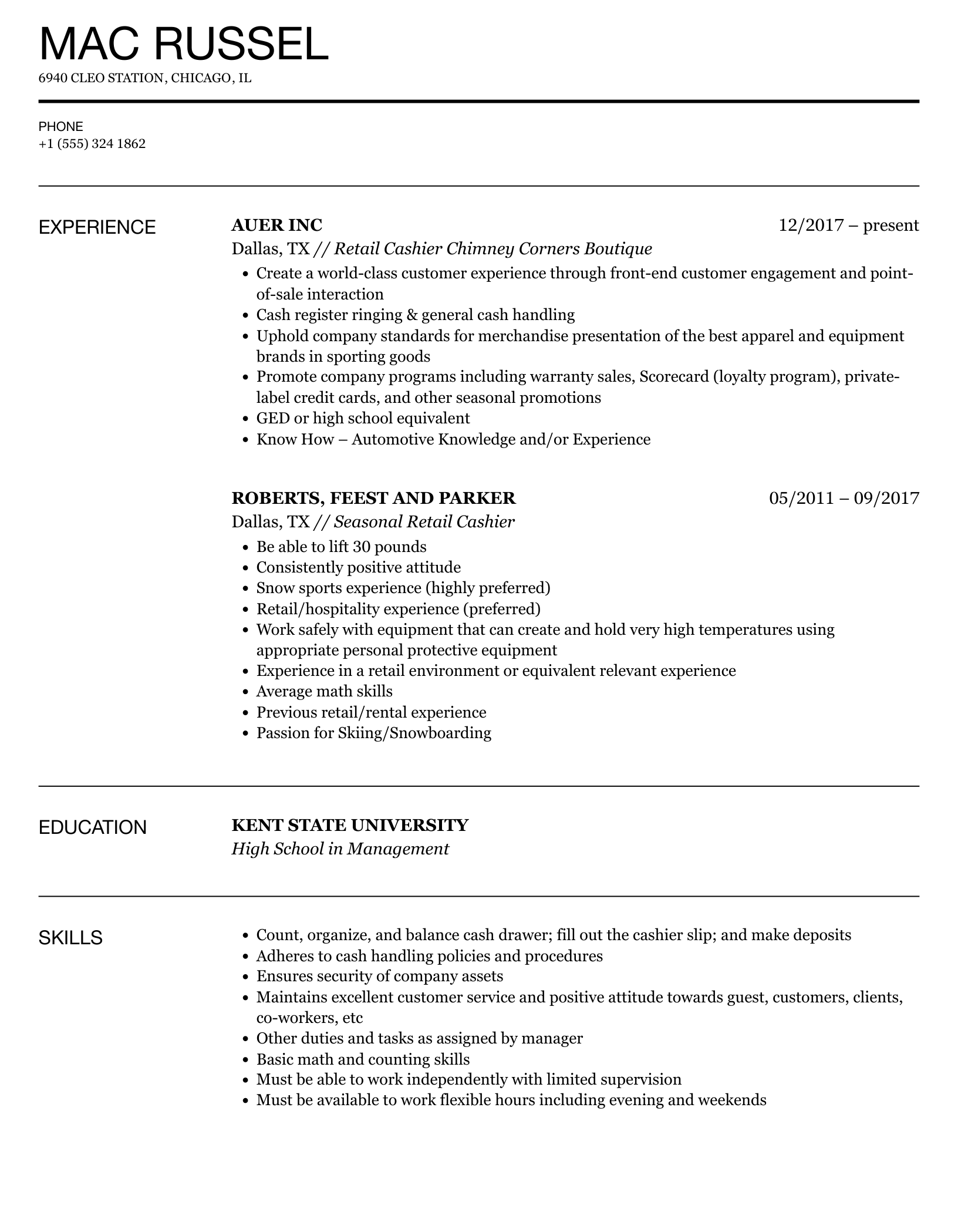 Retail Cashier Resume Sample