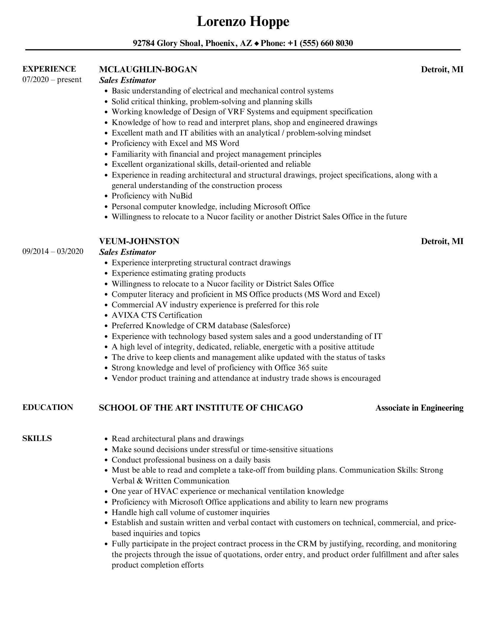 Sales Estimator Resume Samples Velvet Jobs