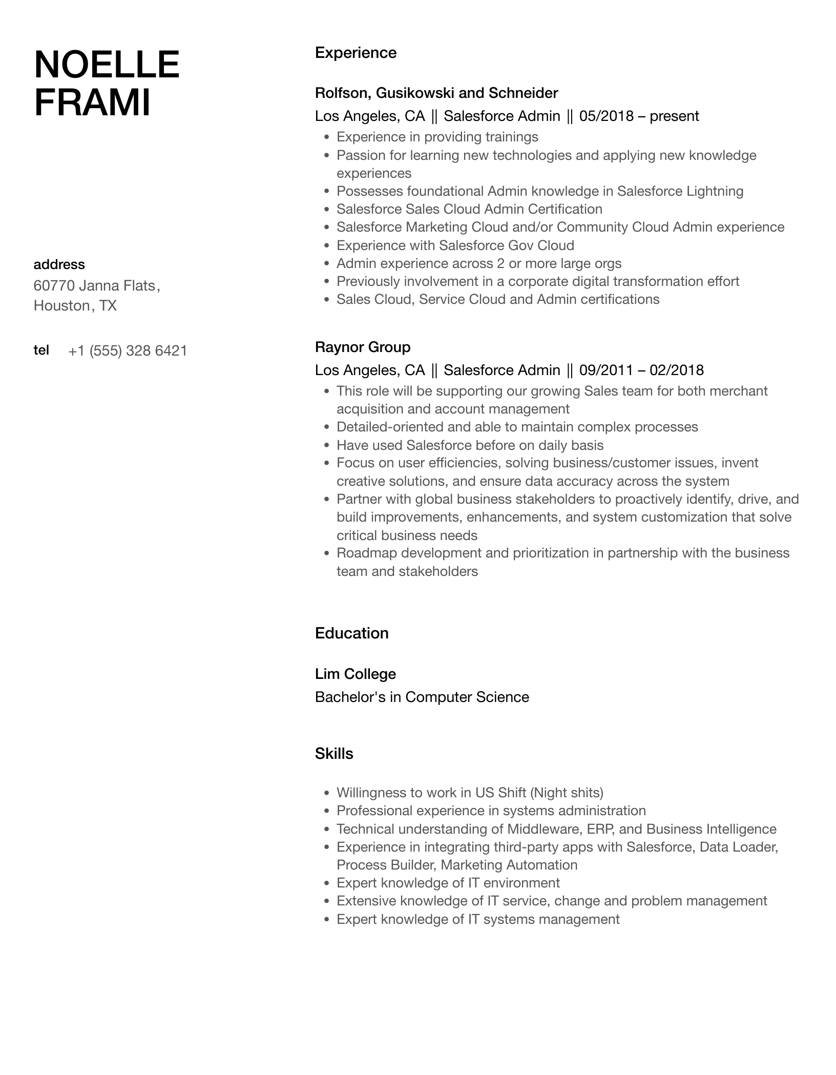 Salesforce Admin Resume Samples Velvet Jobs