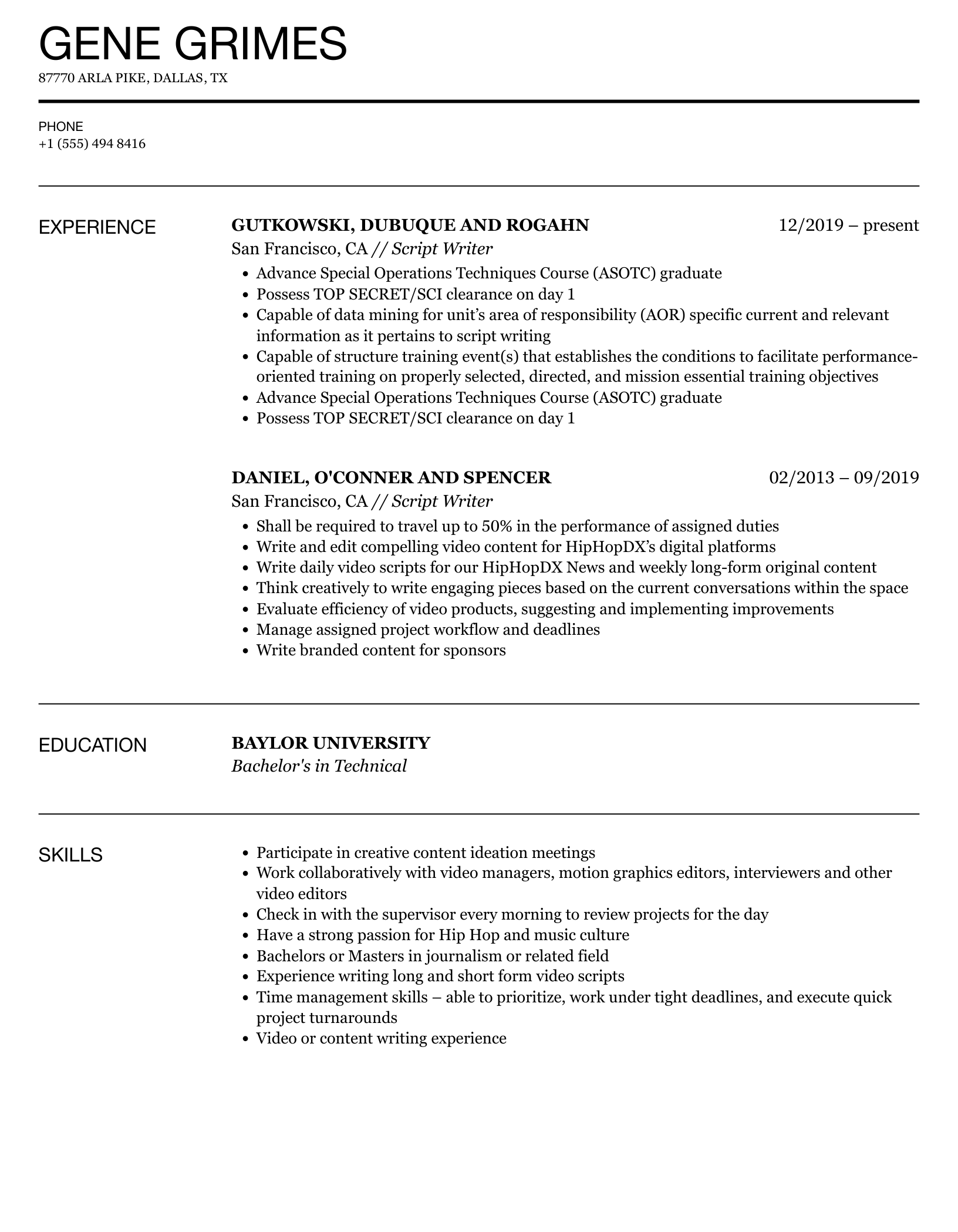Script Writer Resume Samples Velvet Jobs
