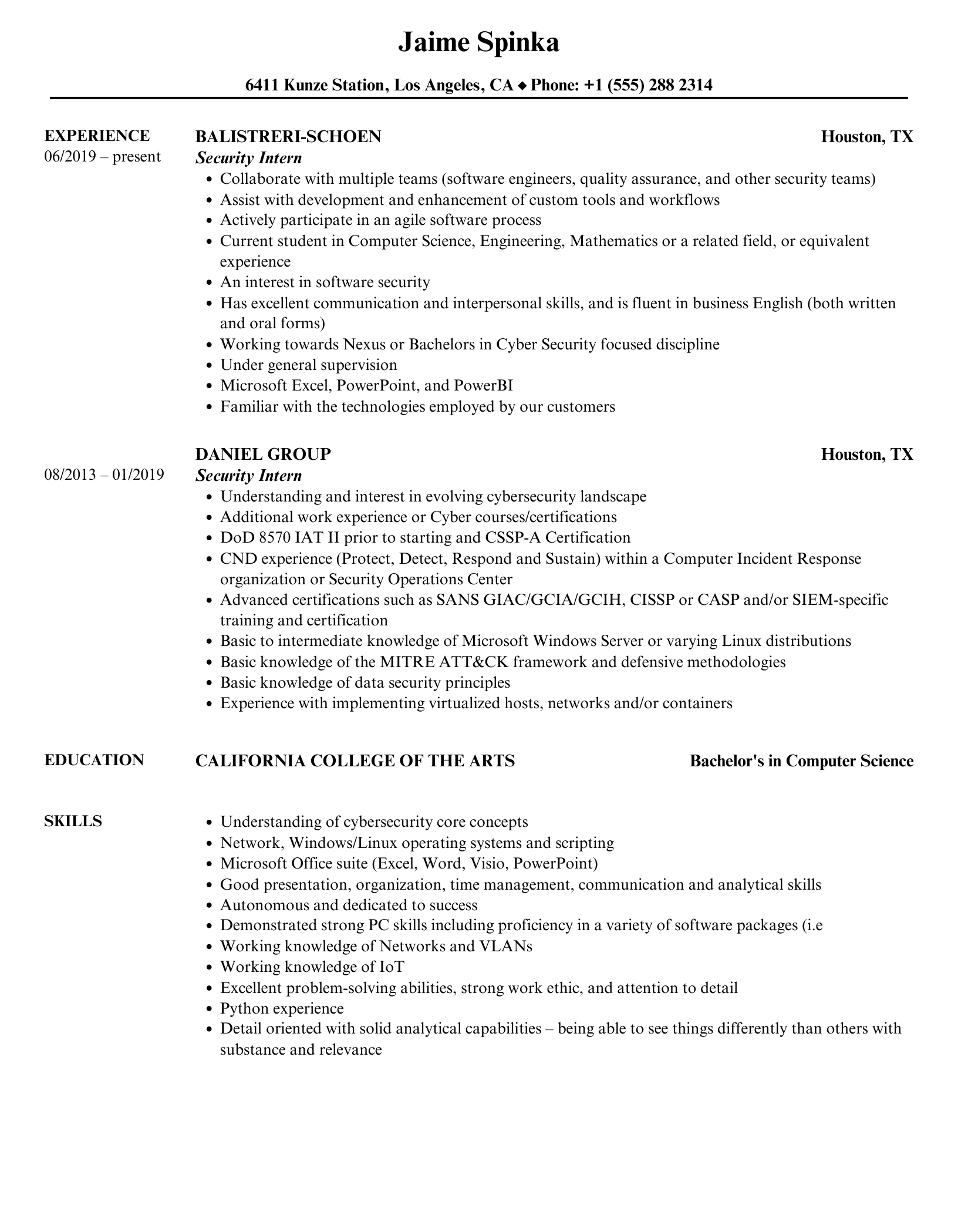 Security Intern Resume Samples Velvet Jobs