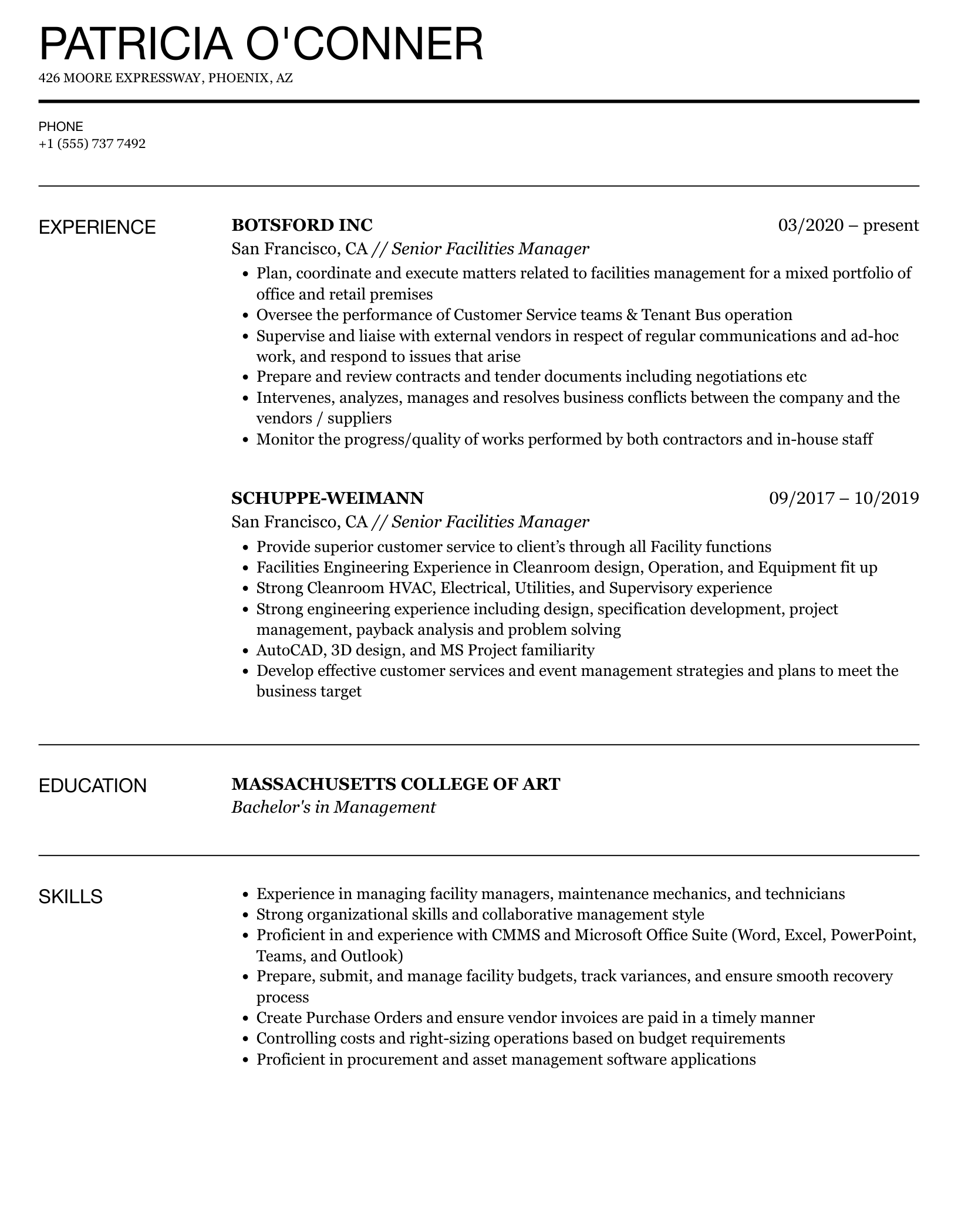 Facility Manager Resume