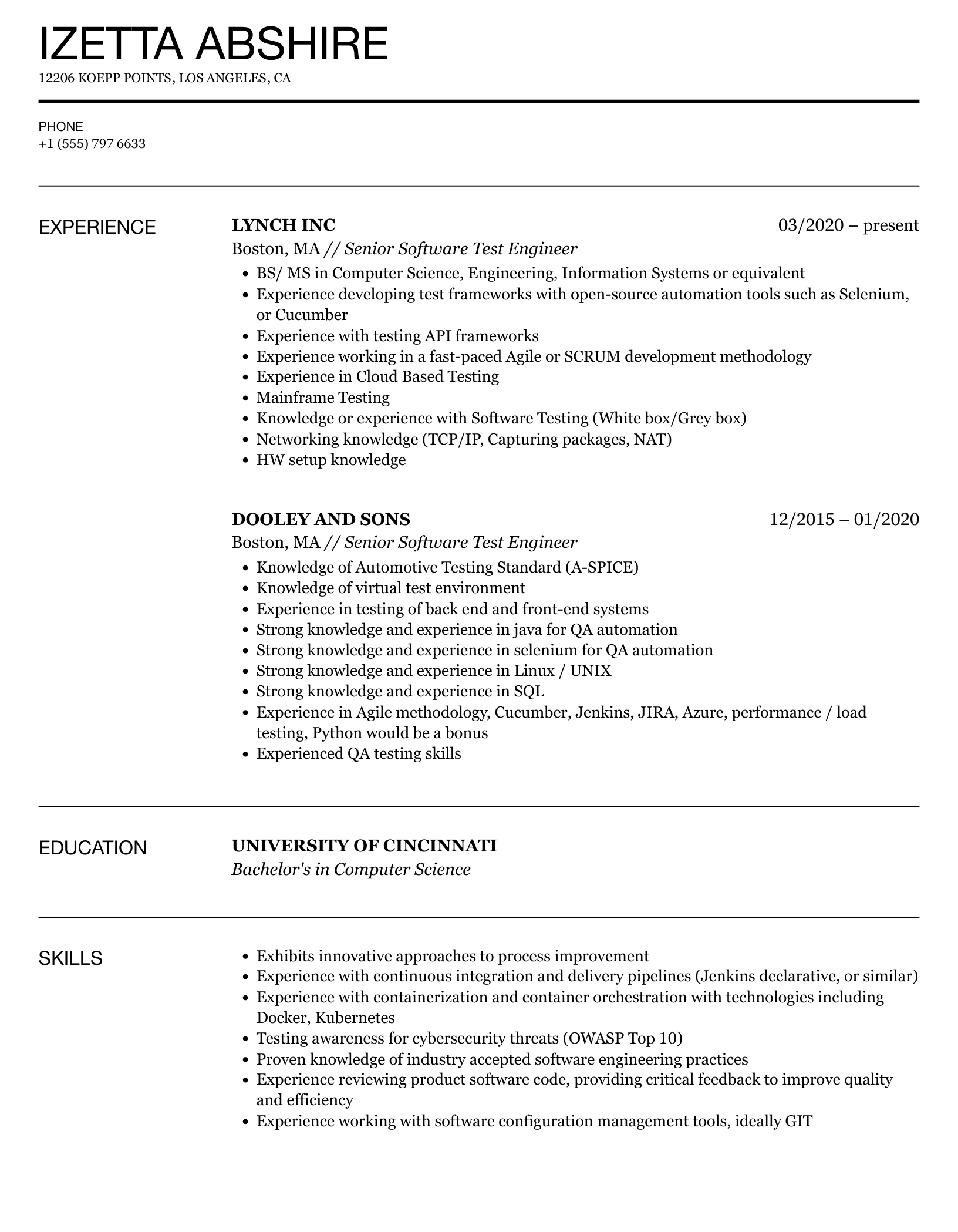 Senior Software Test Engineer Resume Samples Velvet Jobs
