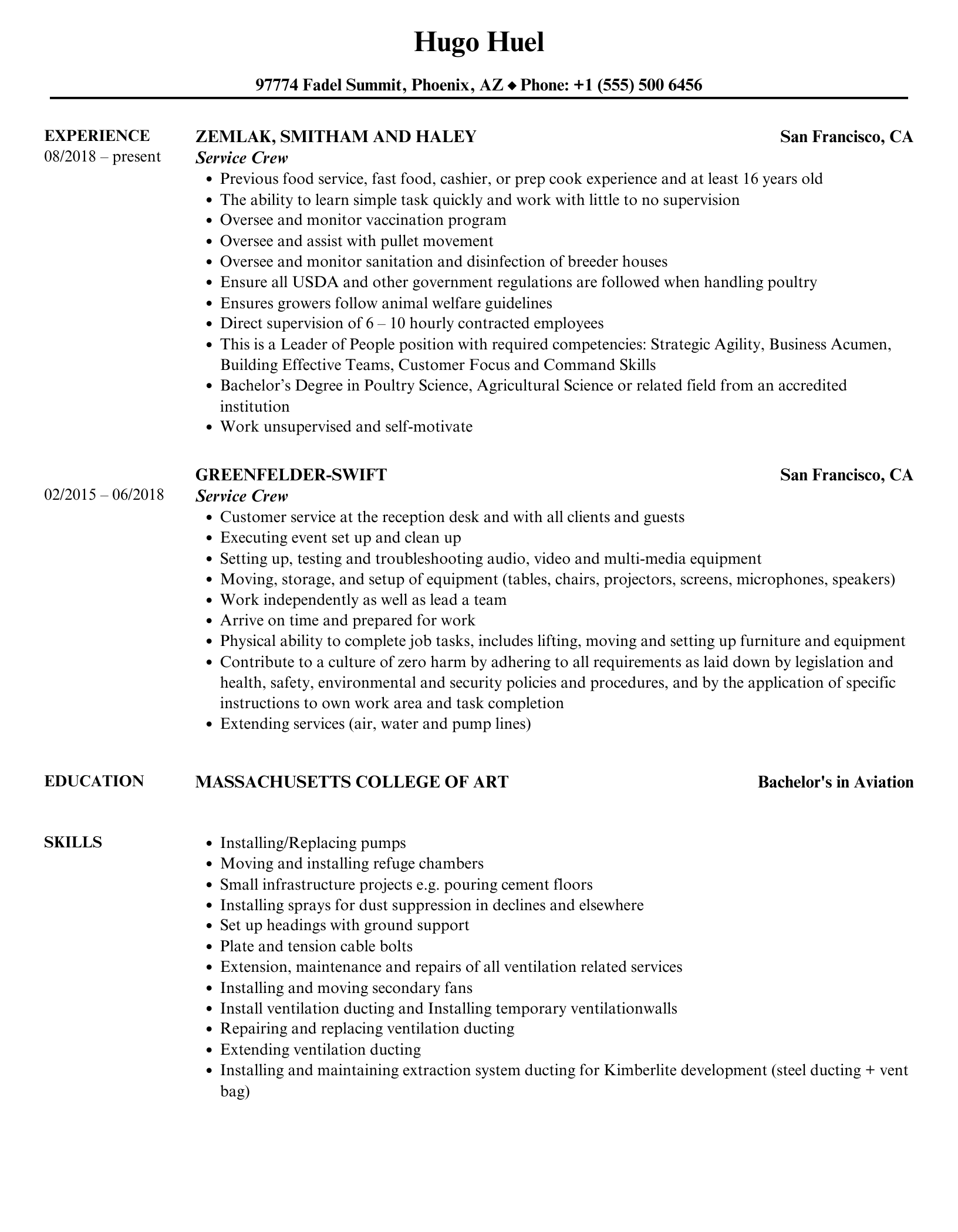 Service Crew Resume Samples Velvet Jobs