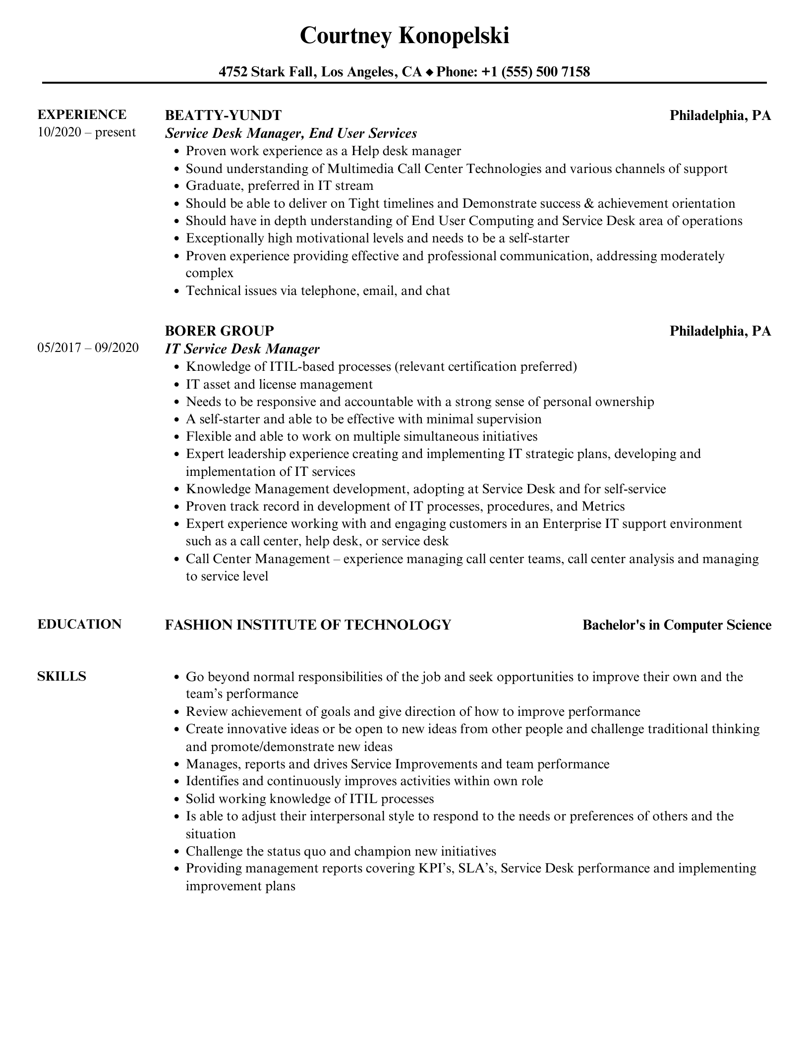 Service Desk Manager Resume Samples Velvet Jobs
