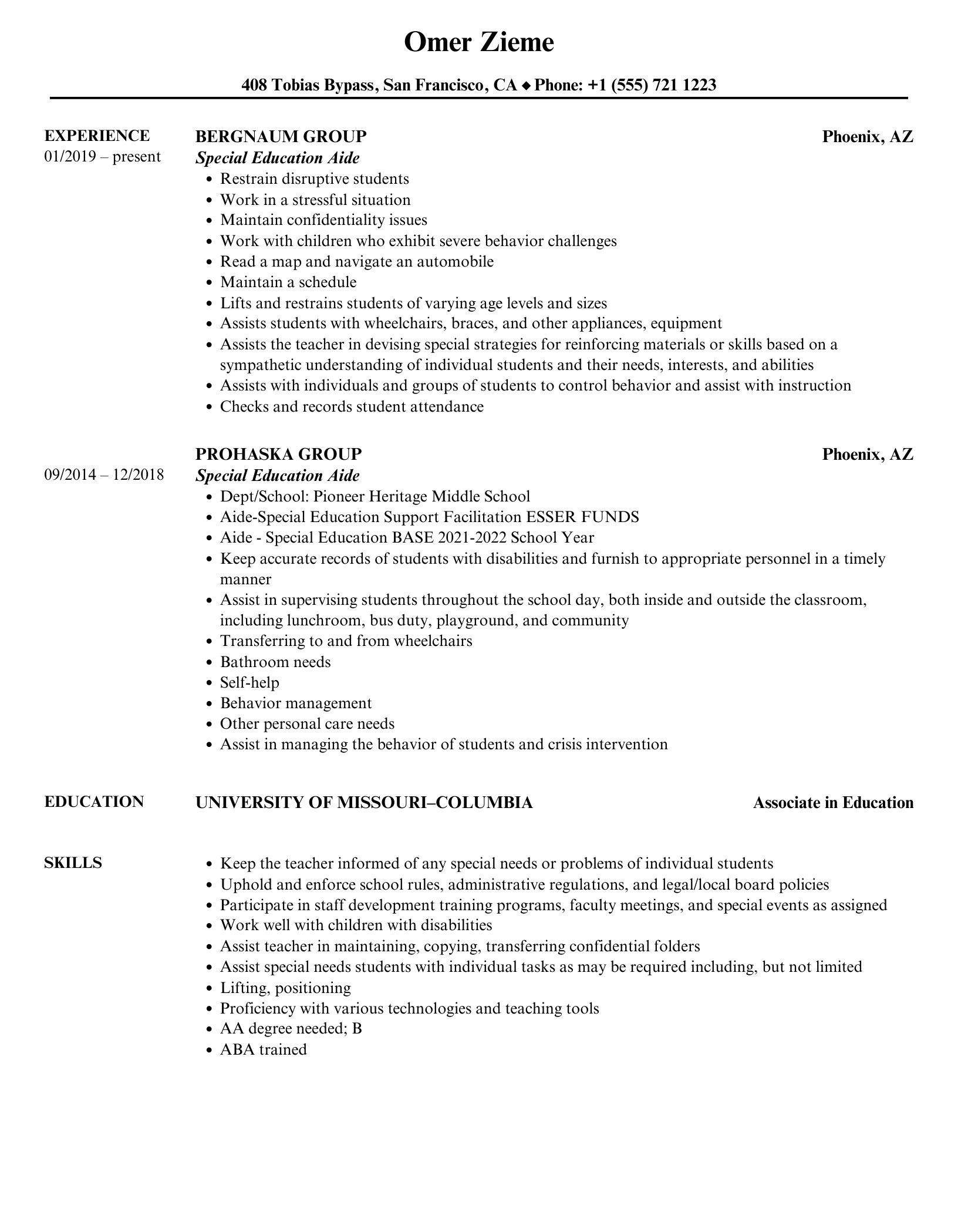Special Education Aide Resume Samples Velvet Jobs