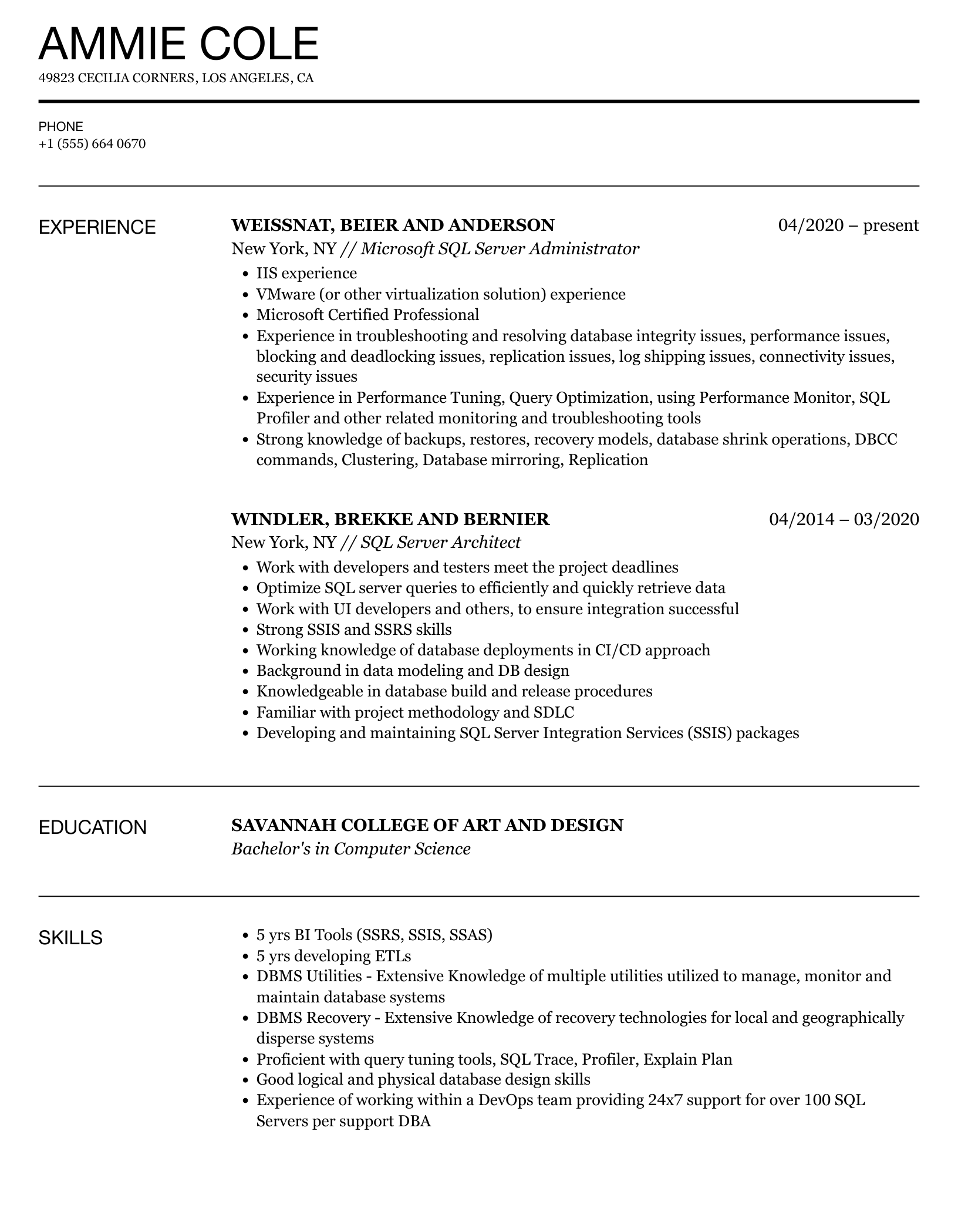 SQL Server Resume Samples Velvet Jobs