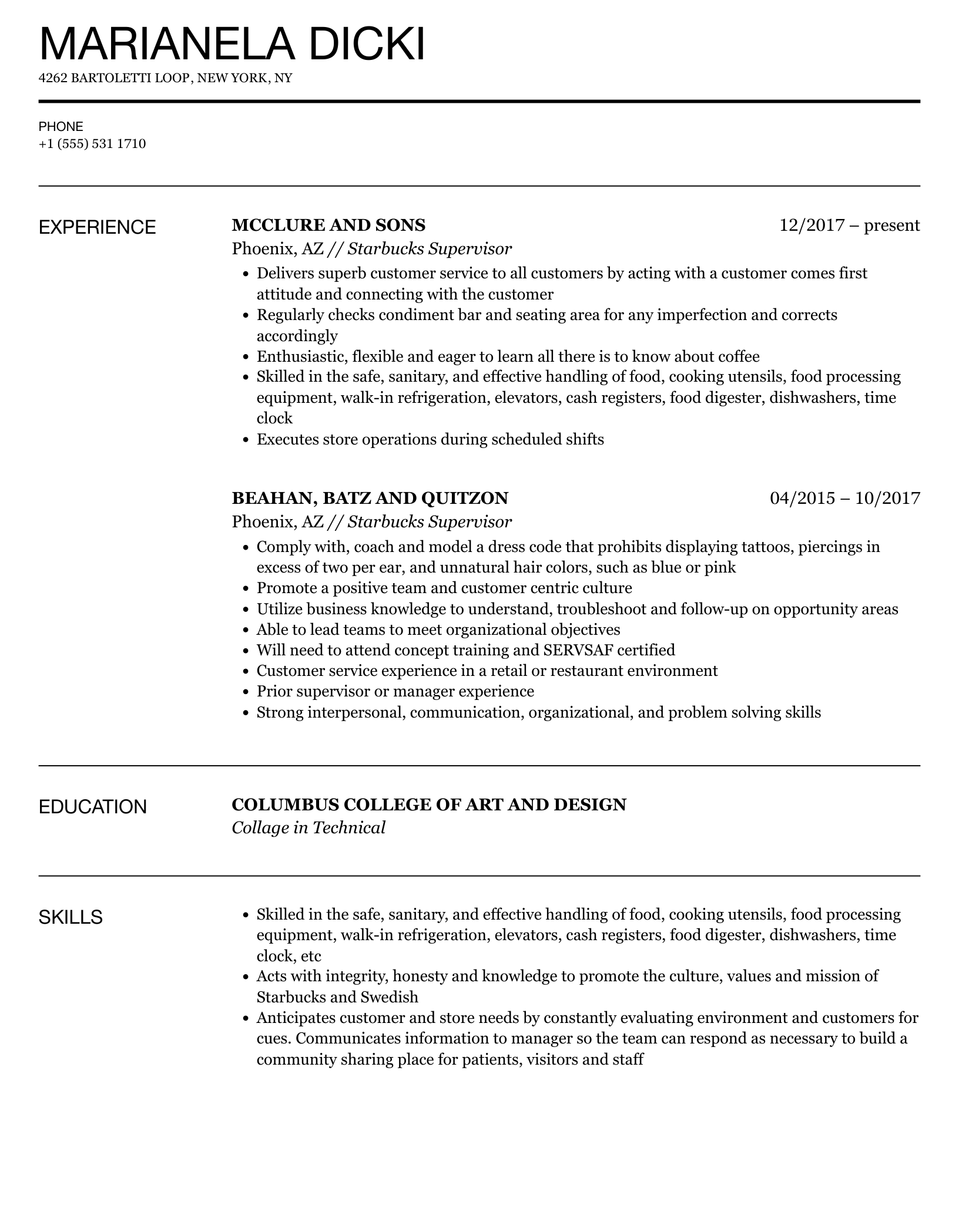 Starbucks Supervisor Resume Samples Velvet Jobs
