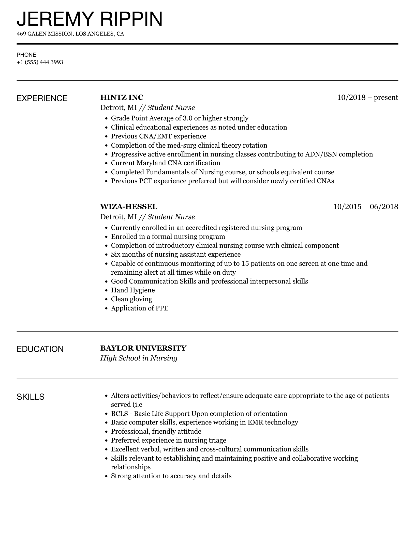 Student Nurse Resume Samples Velvet Jobs