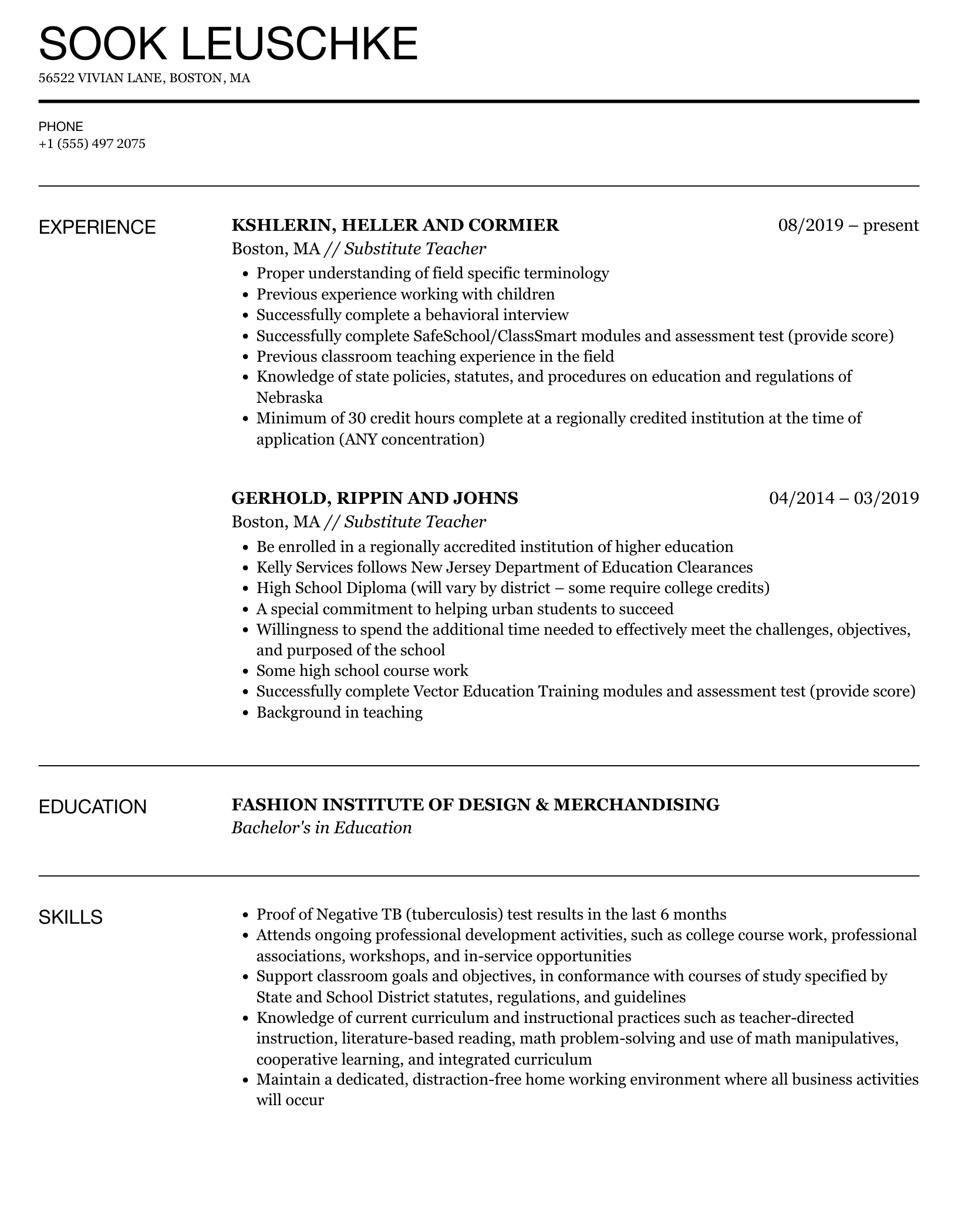 Substitute Teacher Resume Samples Velvet Jobs