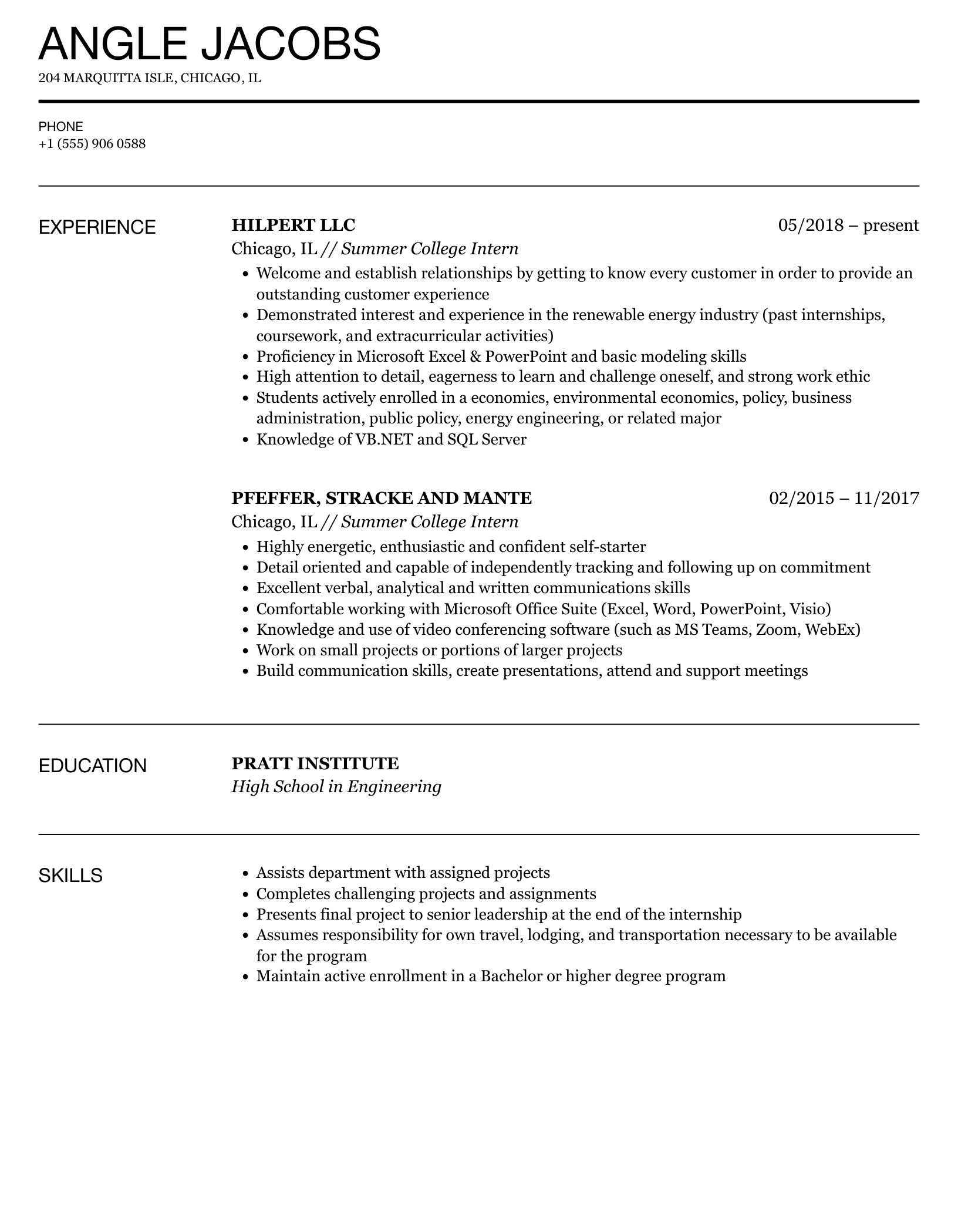 Summer College Intern Resume Samples Velvet Jobs