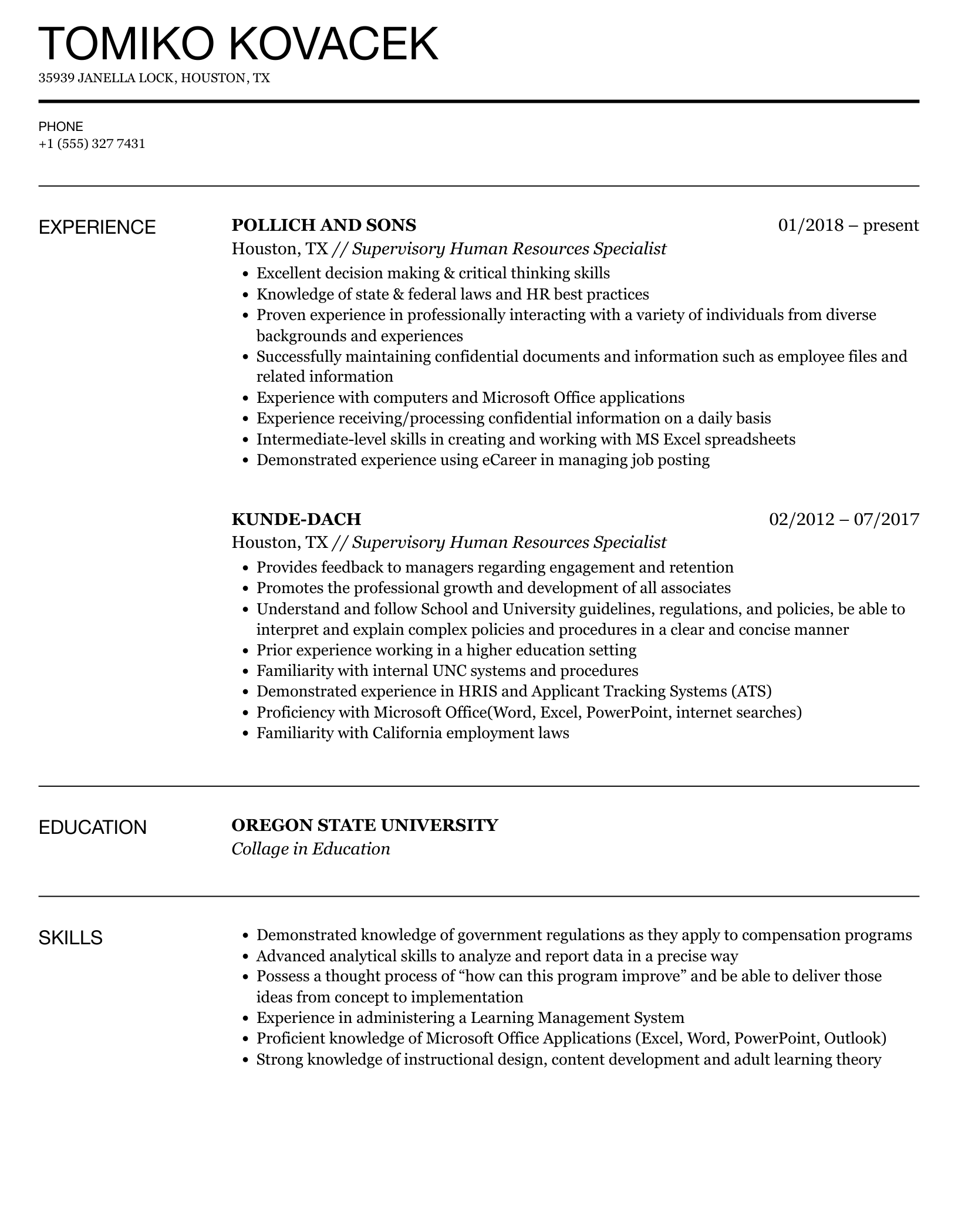 Supervisory Human Resources Specialist Resume Samples Velvet Jobs