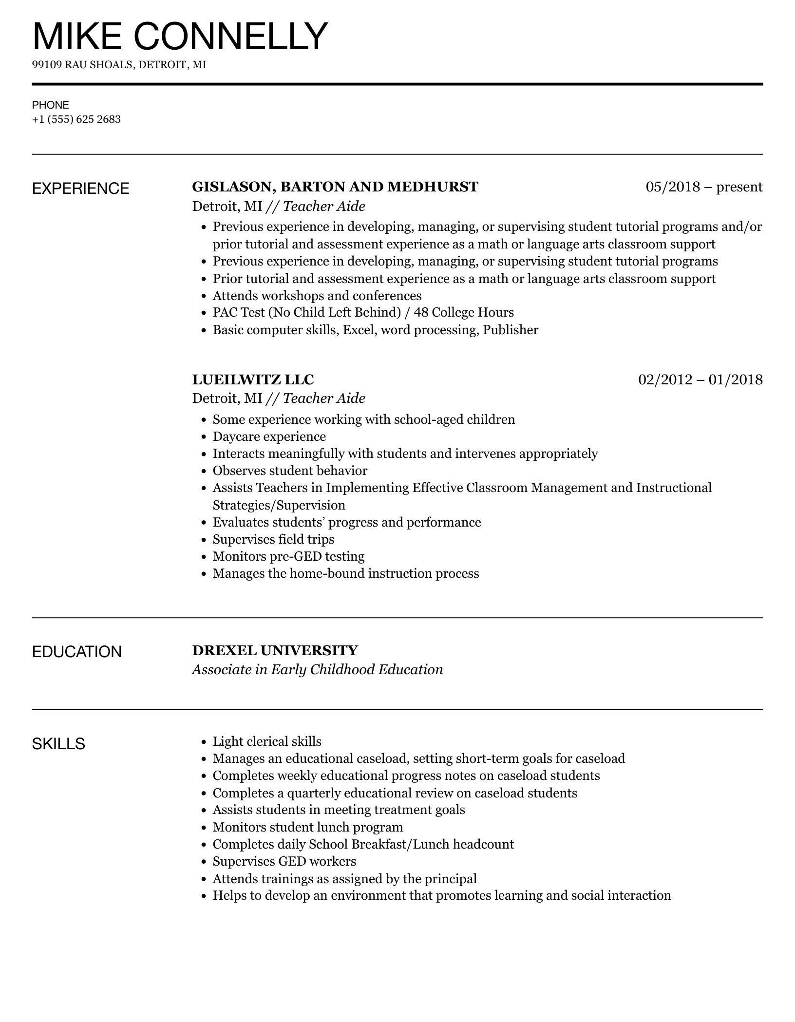 Resume For Teacher Aide