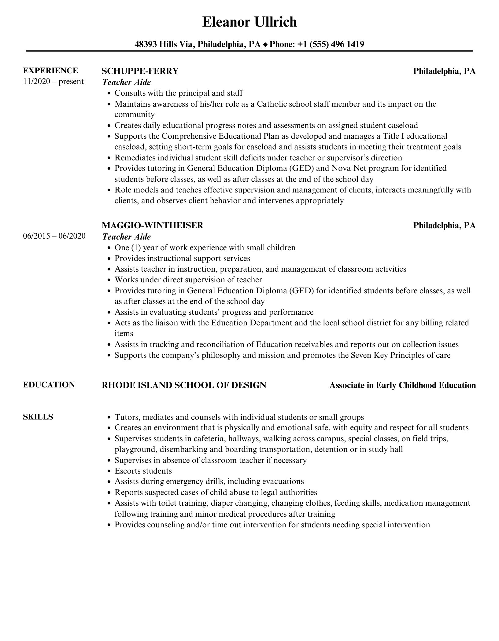 Teacher Aide Resume Samples Velvet Jobs