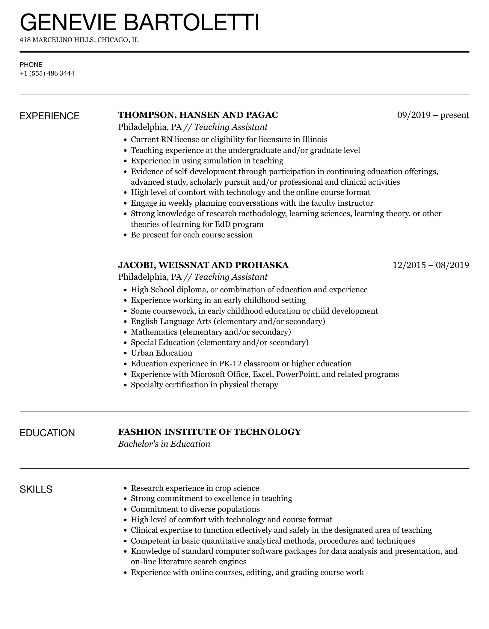 Resume Teaching Assistant