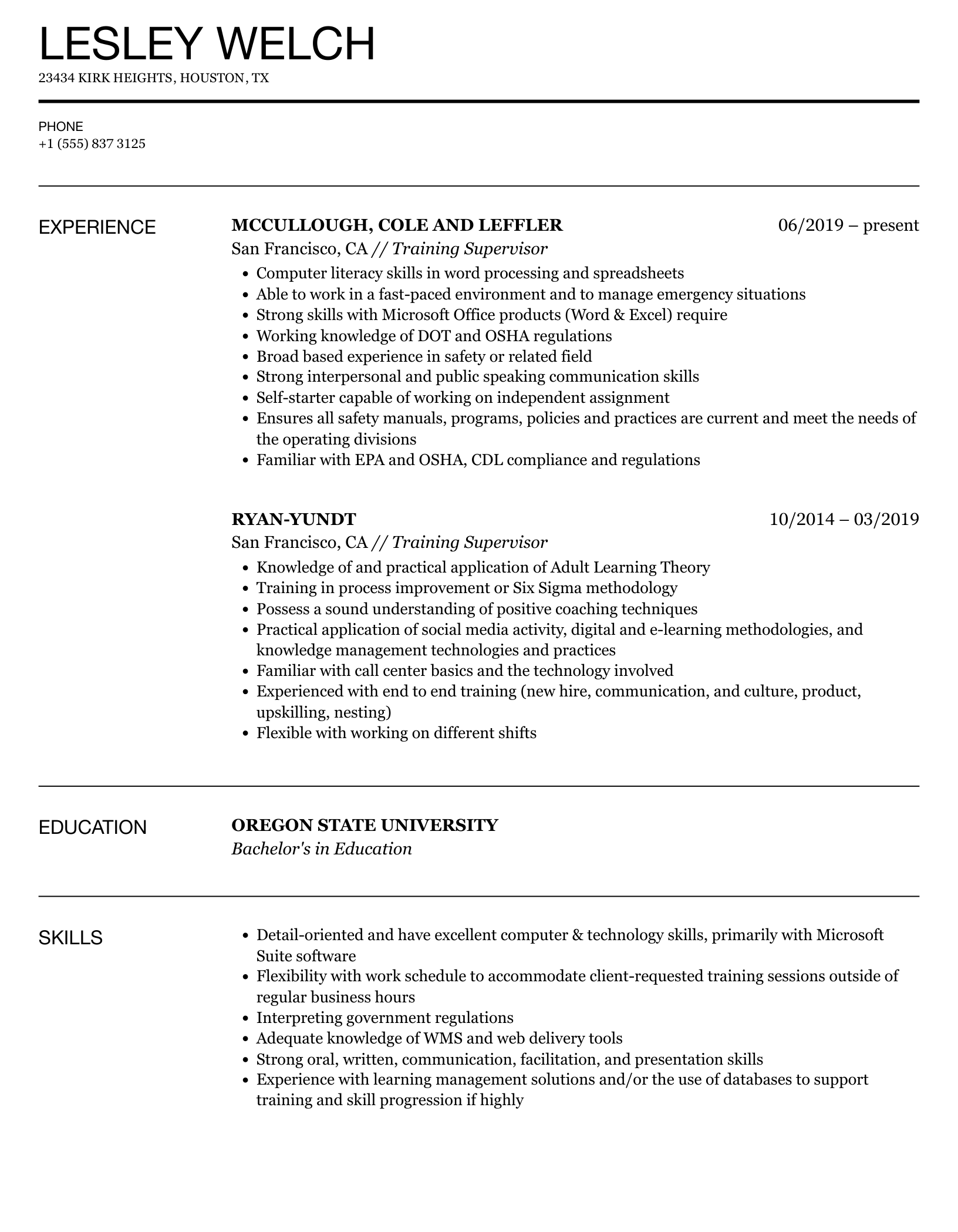 Training Supervisor Resume Samples Velvet Jobs