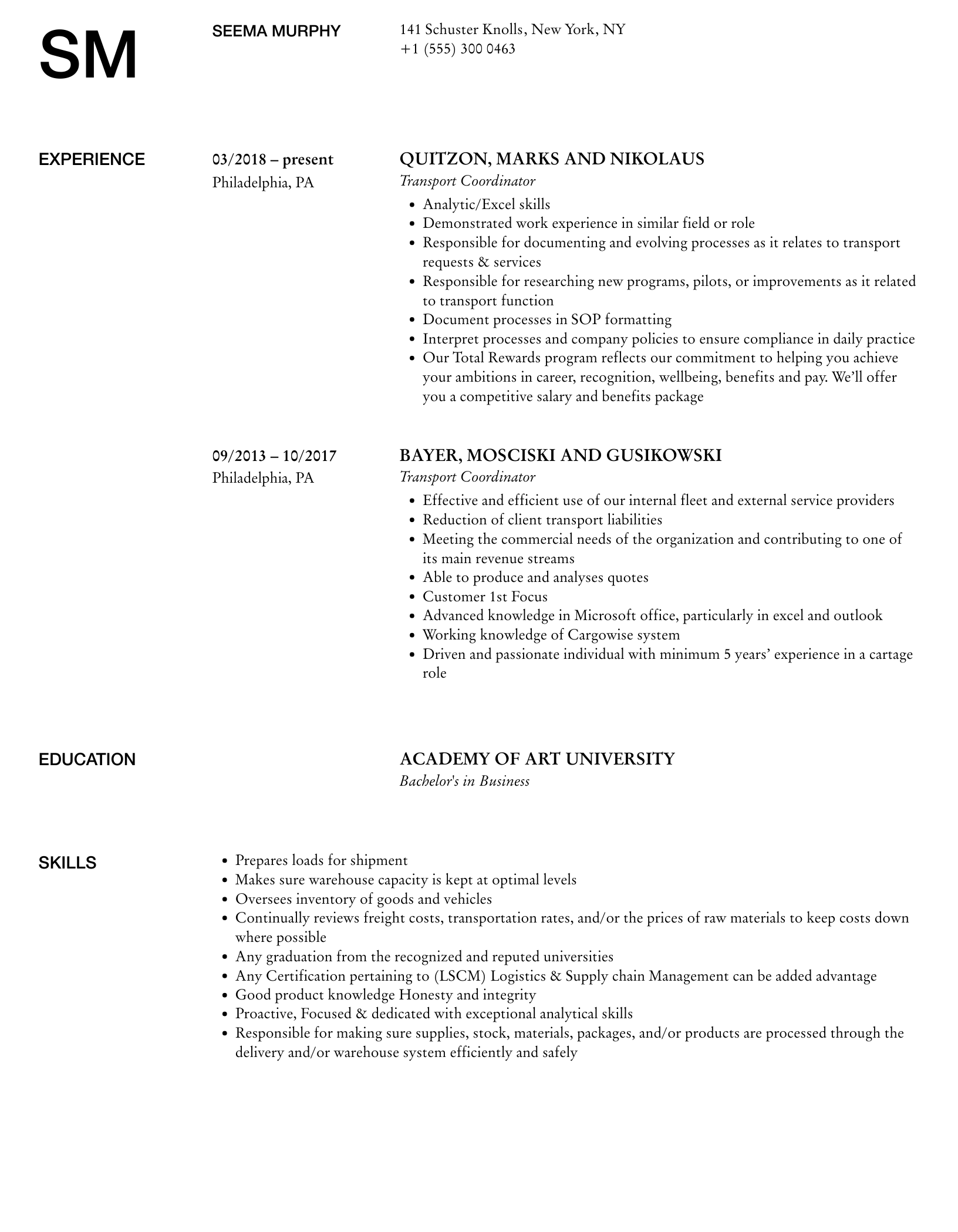 Transport Coordinator Resume Samples Velvet Jobs