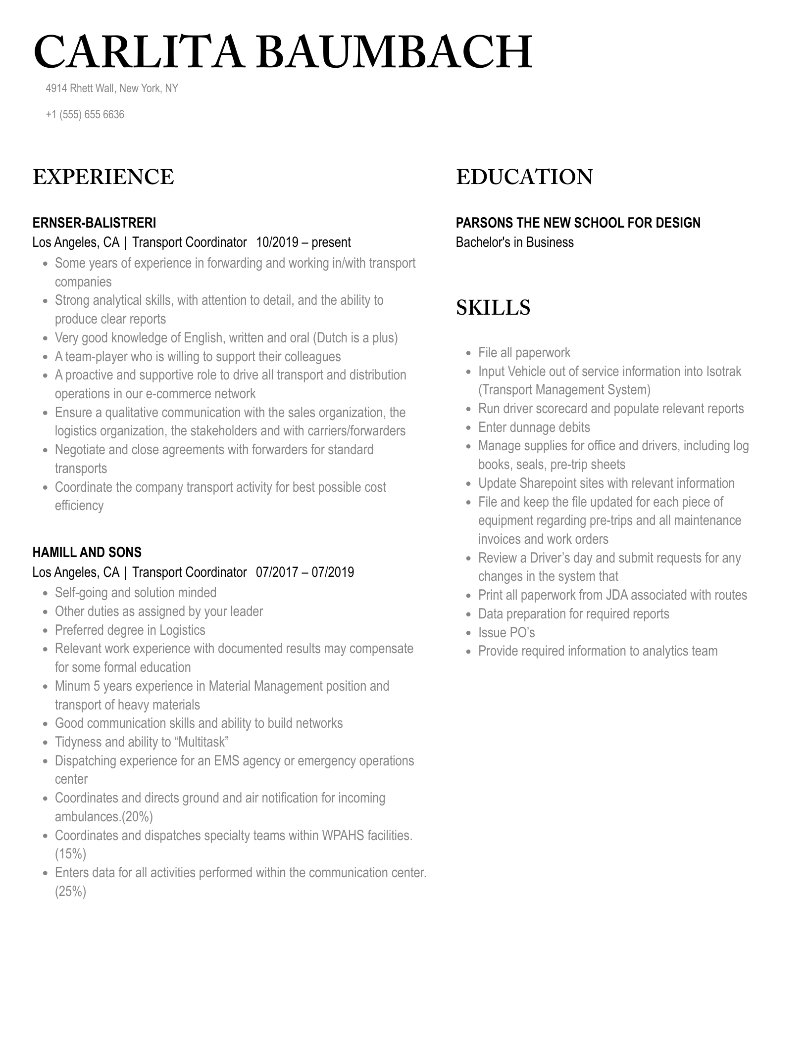 Transport Coordinator Resume Samples Velvet Jobs