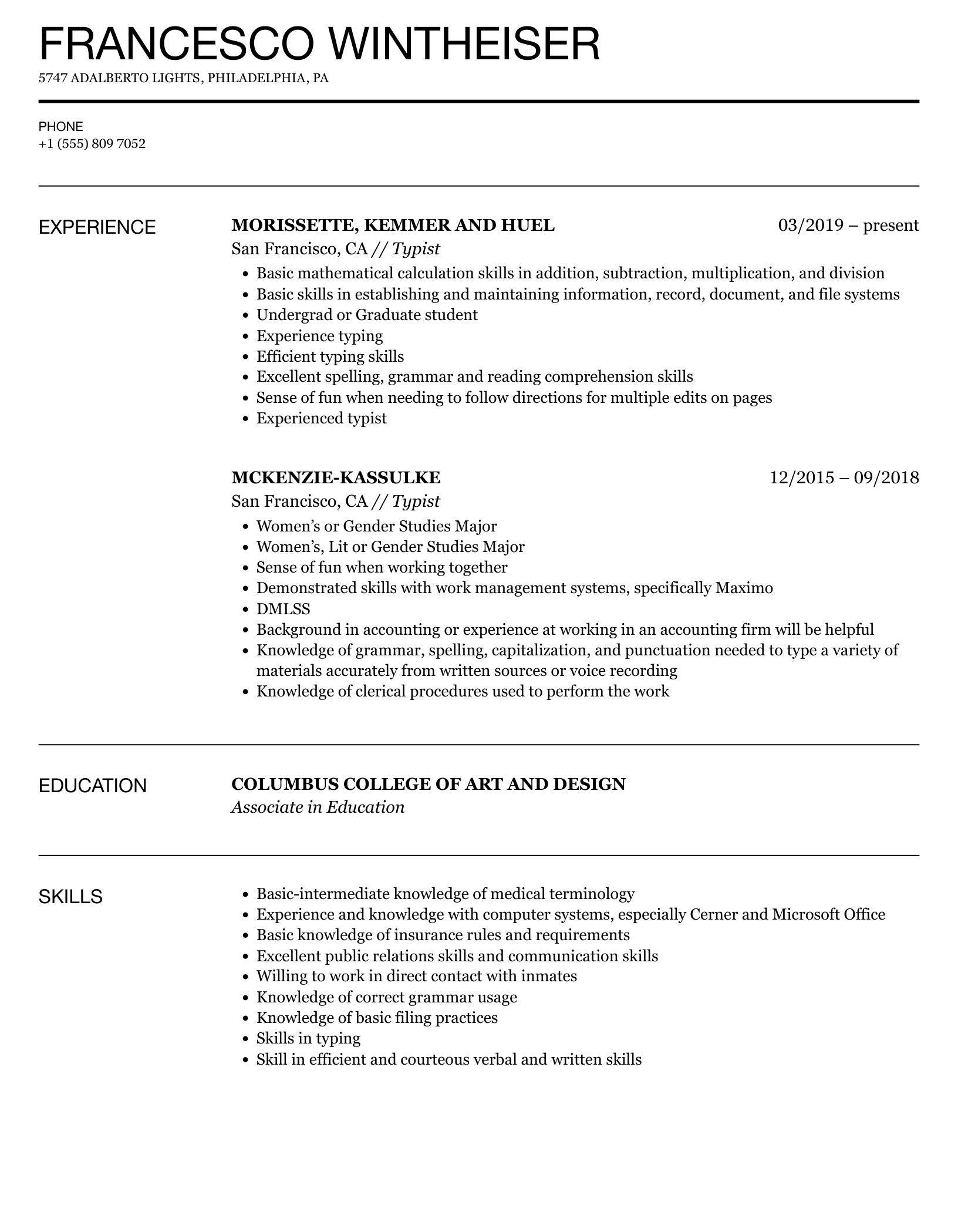 Typing Skill Resume