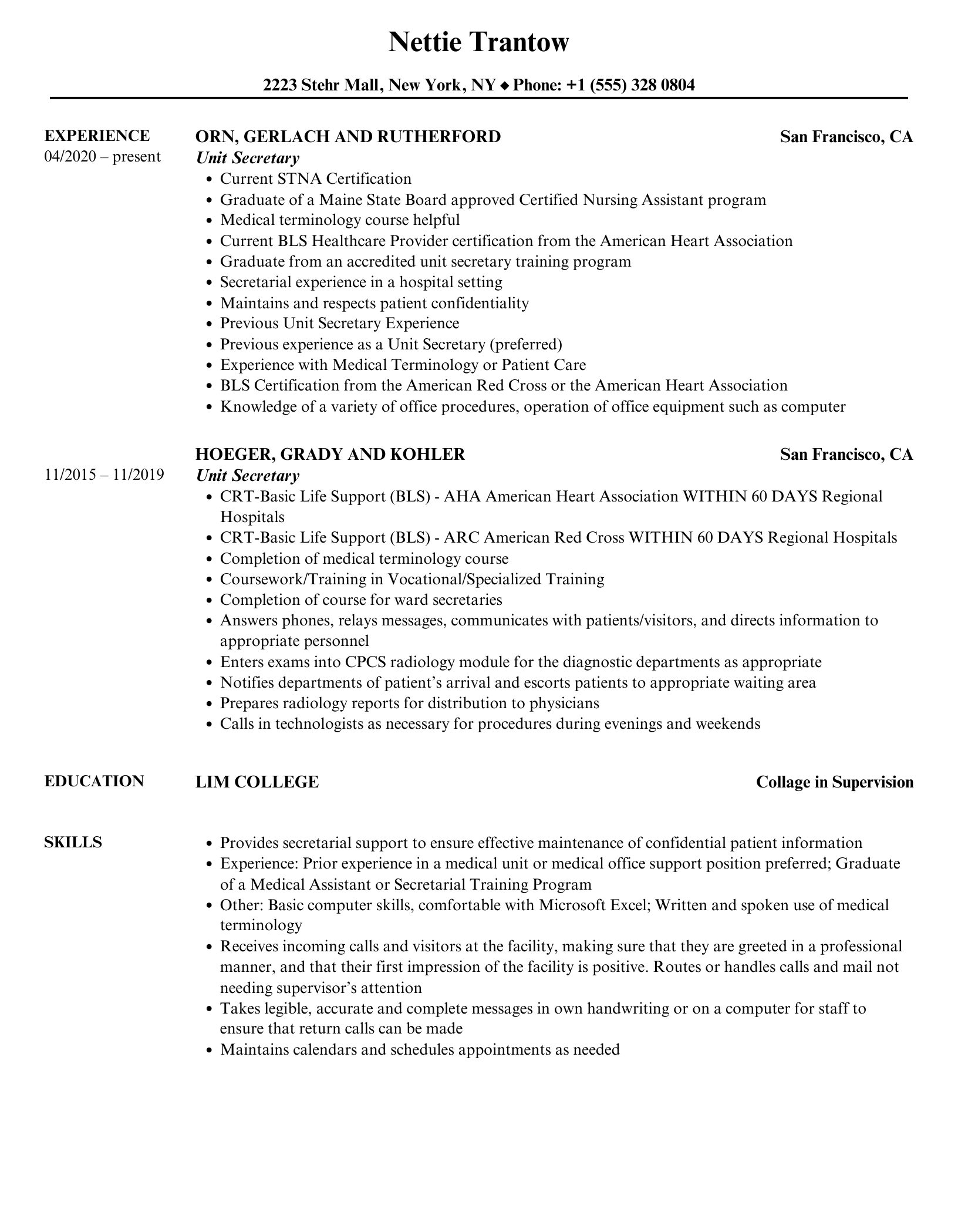 Unit Secretary Resume Raquelmotablog