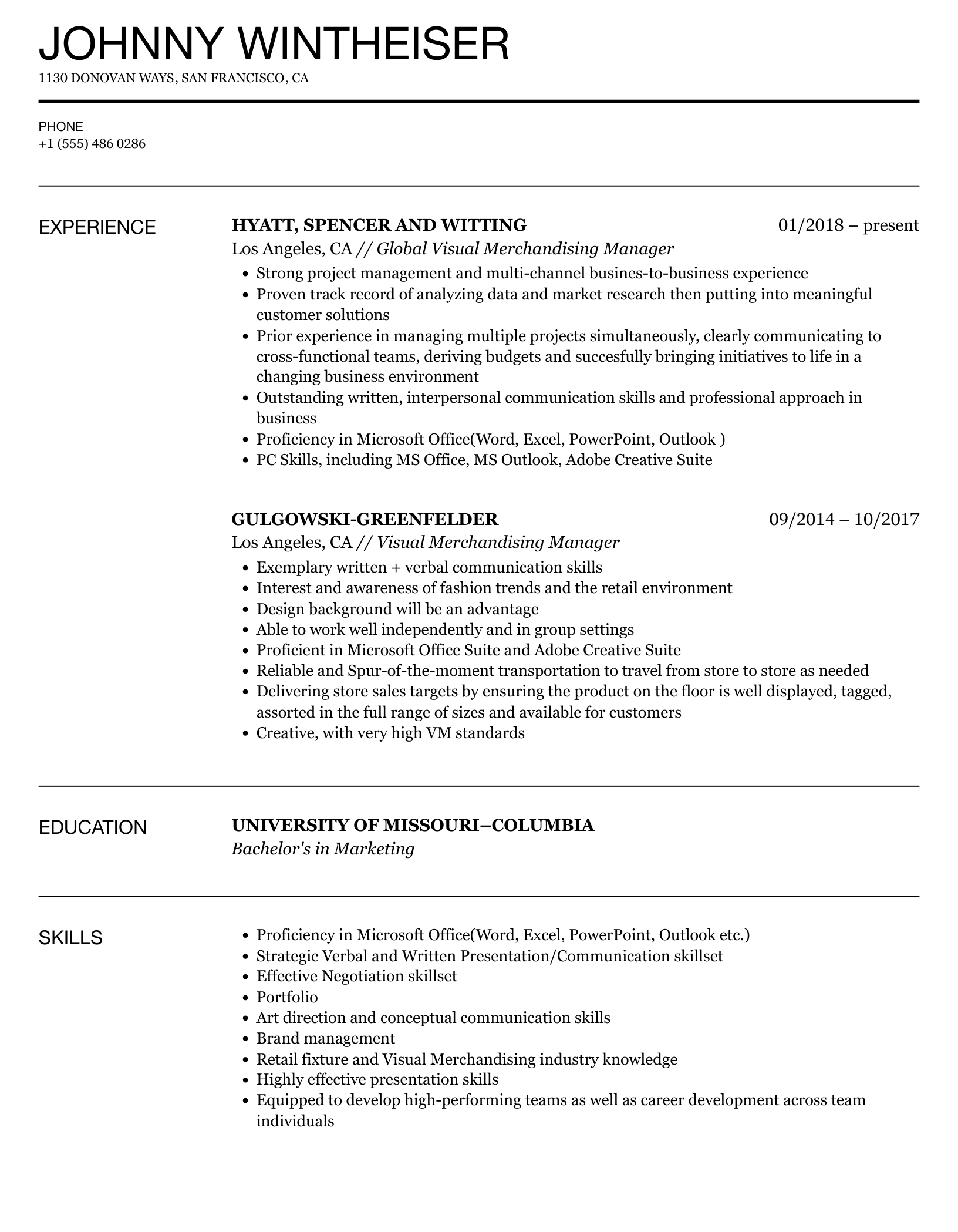 Visual Merchandising Resume