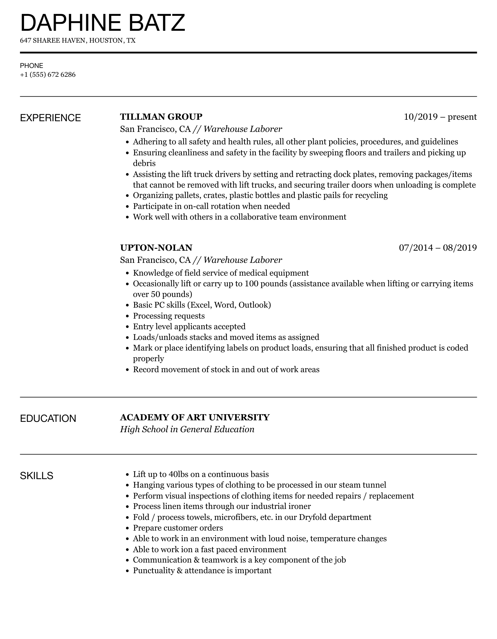 Warehouse Laborer Resume Samples Velvet Jobs