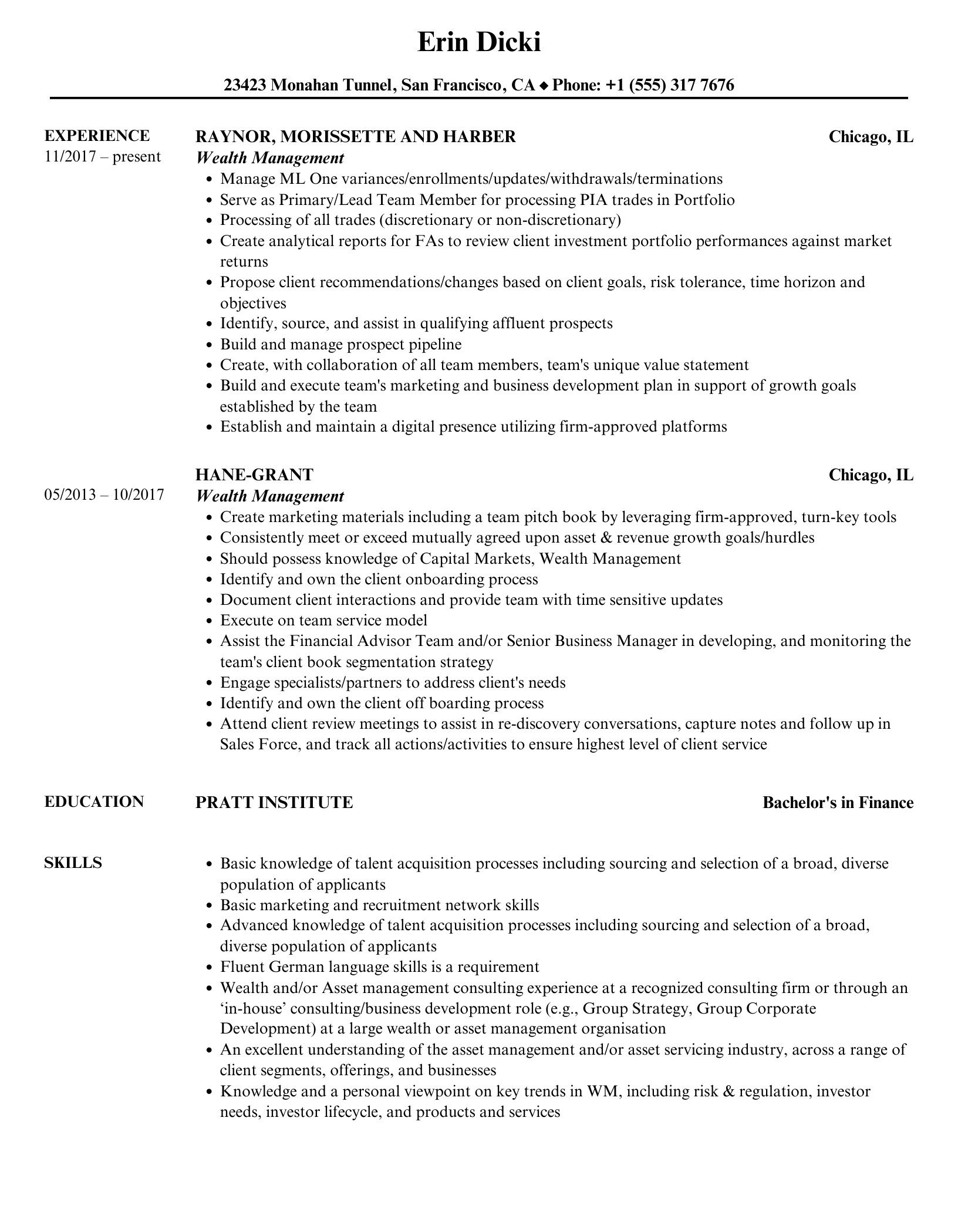 Wealth Management Resume Samples Velvet Jobs