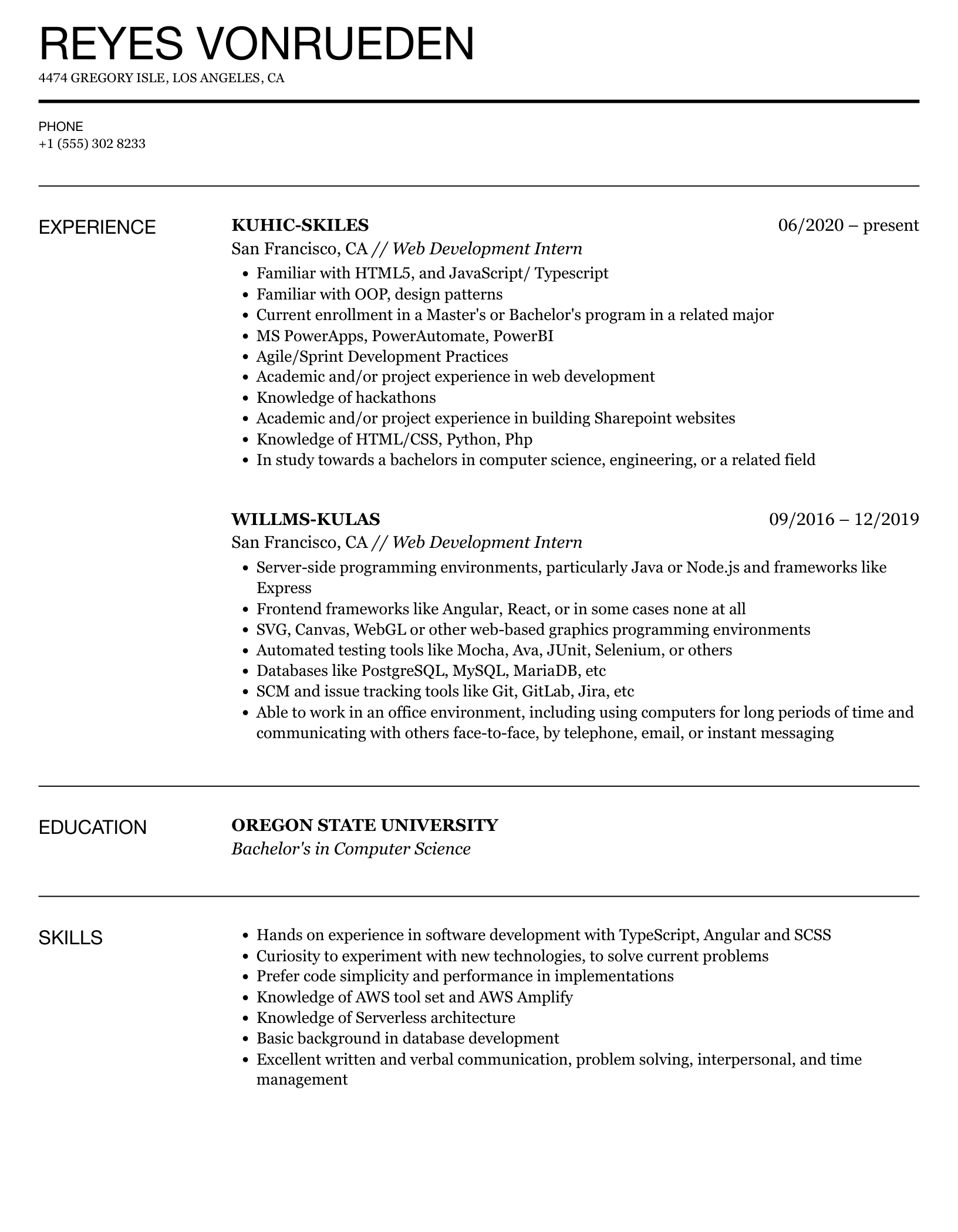 Web Development Intern Resume Samples Velvet Jobs