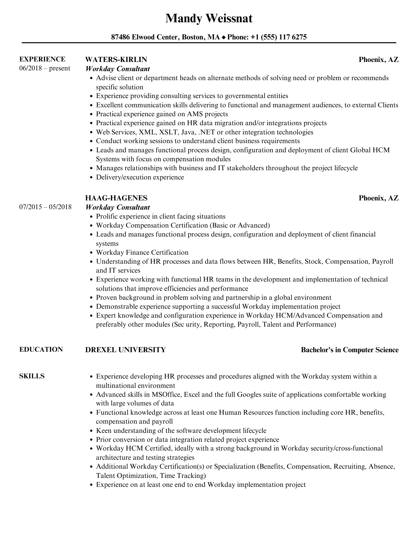 Workday Consultant Resume Samples Velvet Jobs